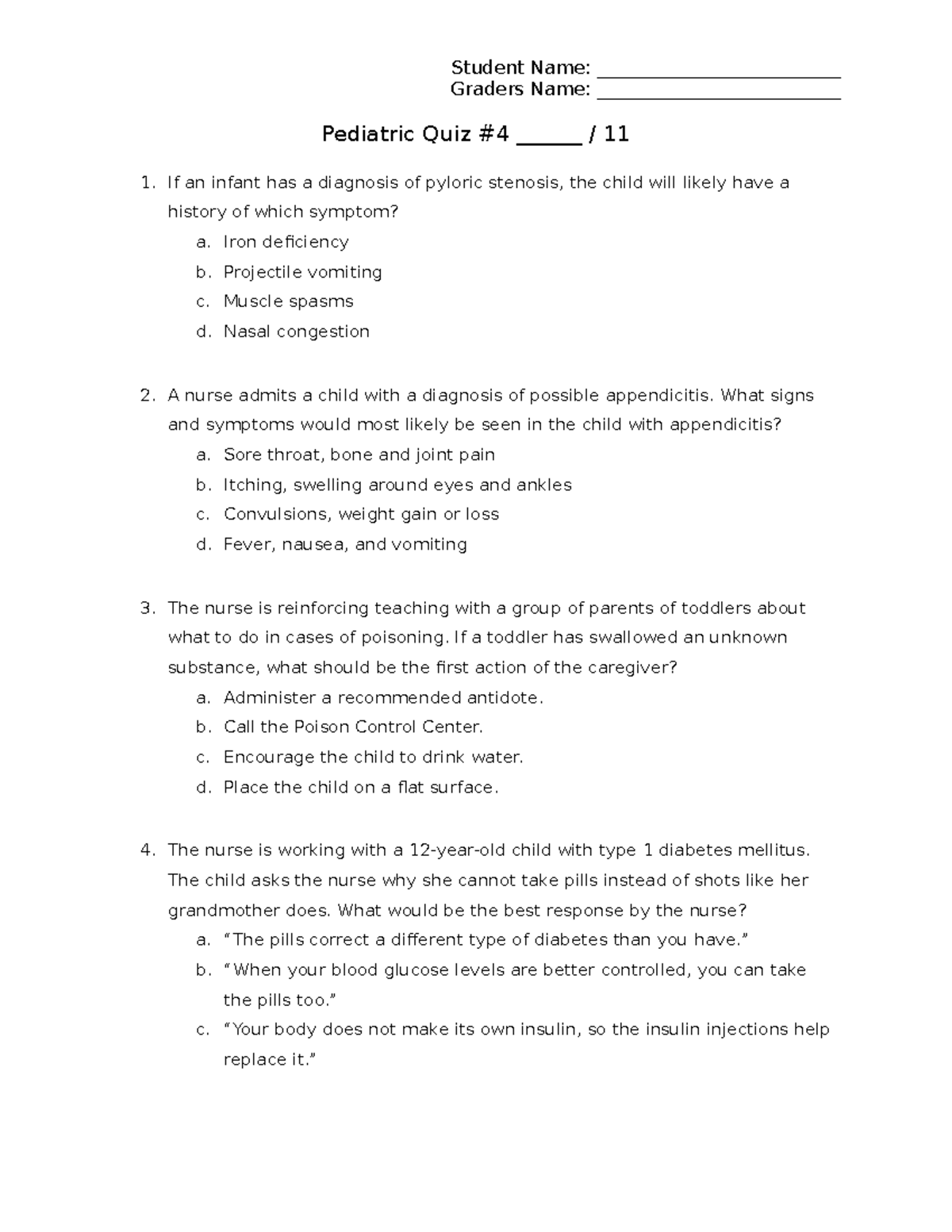 Peds Quiz #4 - Pediatric Nursing quiz - Student Name ...
