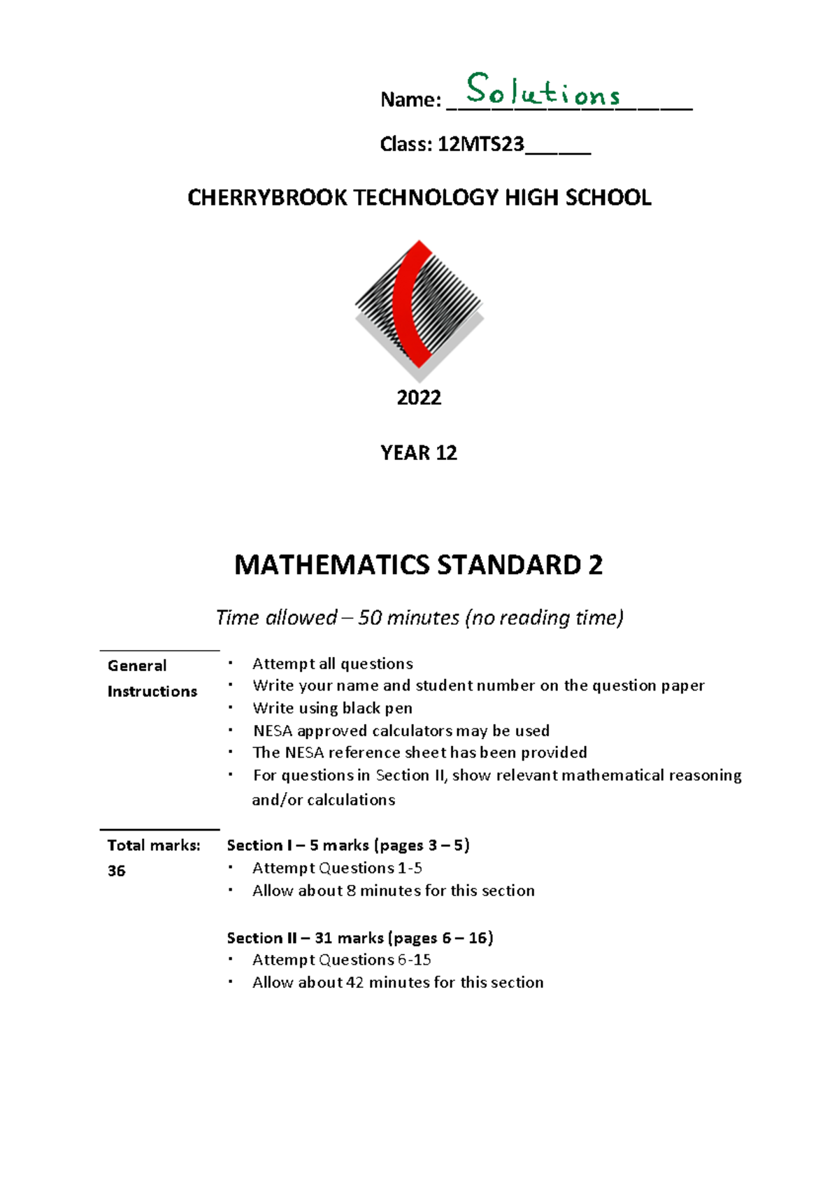 CTHS Year 12 Mathematics Standard 2 AT1 2022 Solutions Guide - Studocu