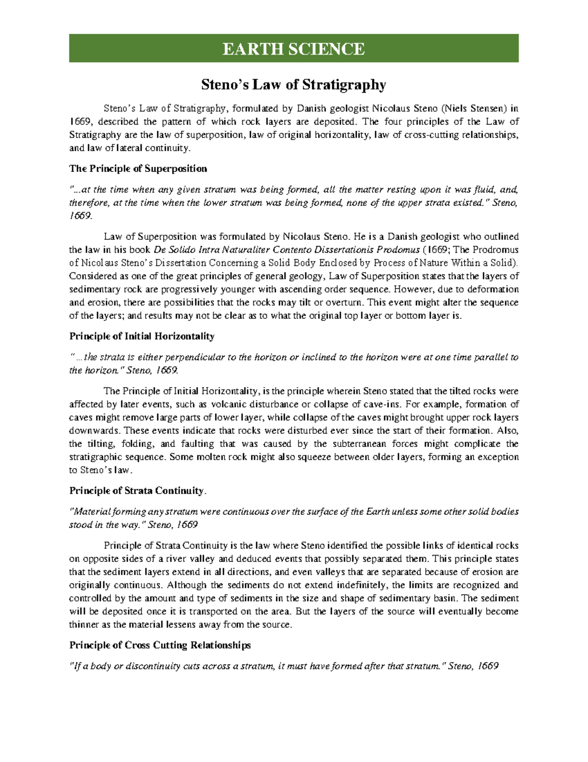 Steno's Law of Stratigraphy Study Guide - EARTH SCIENCE Steno’s Law of ...