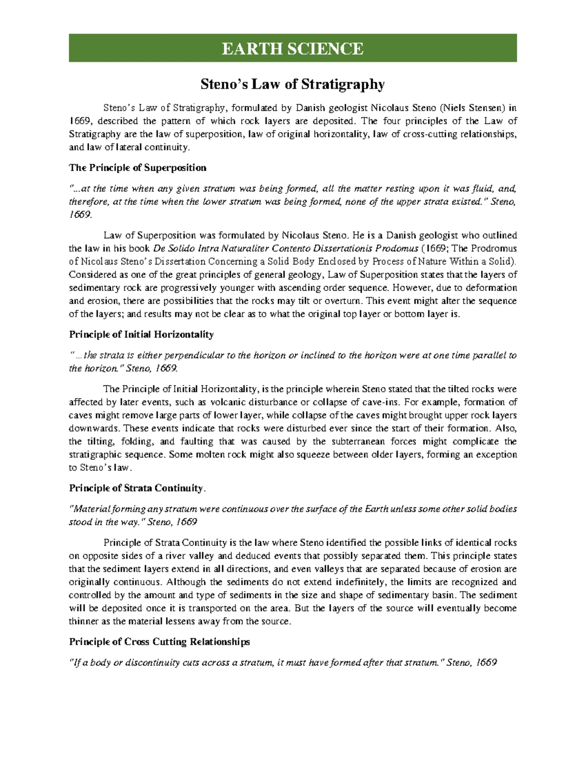 Steno's Law of Stratigraphy Study Guide - EARTH SCIENCE Steno’s Law of ...