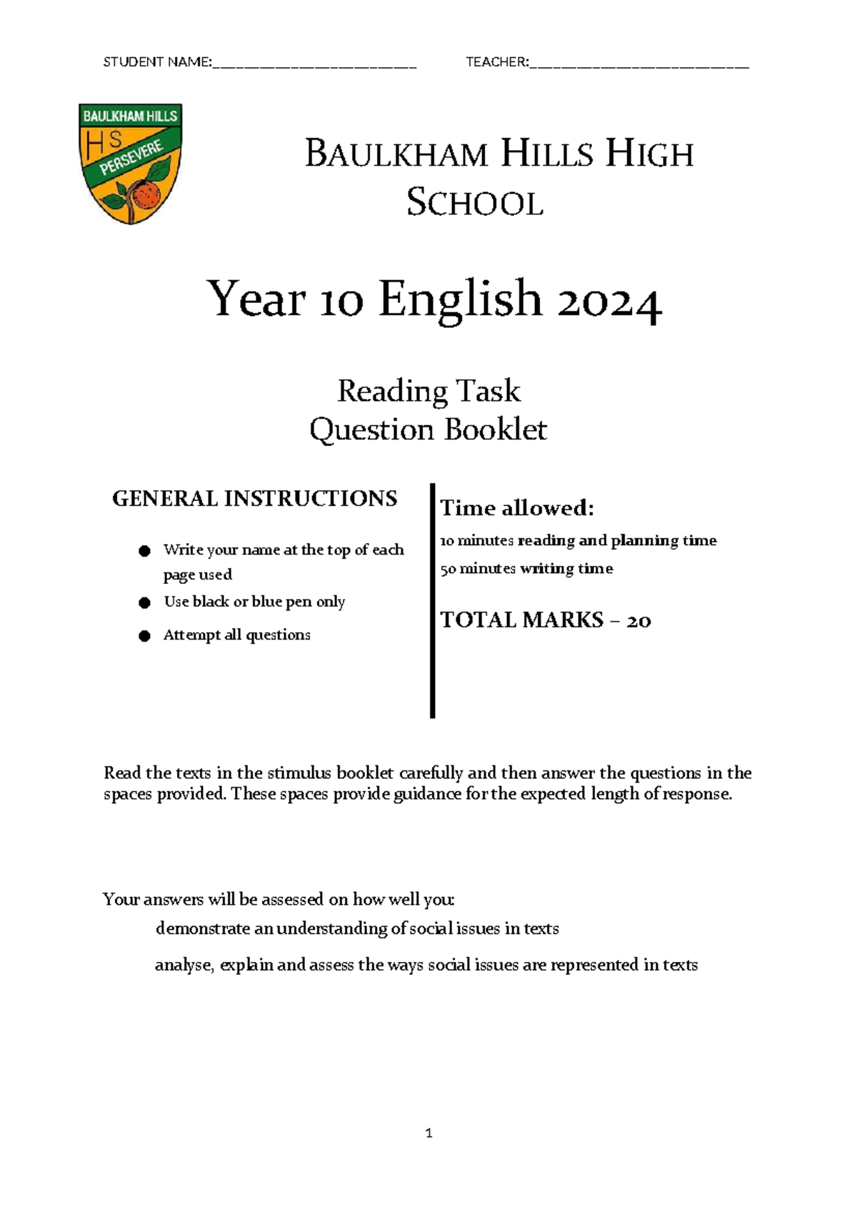 Year 10 English 2024: Reading Task Q&A Booklet - Studocu