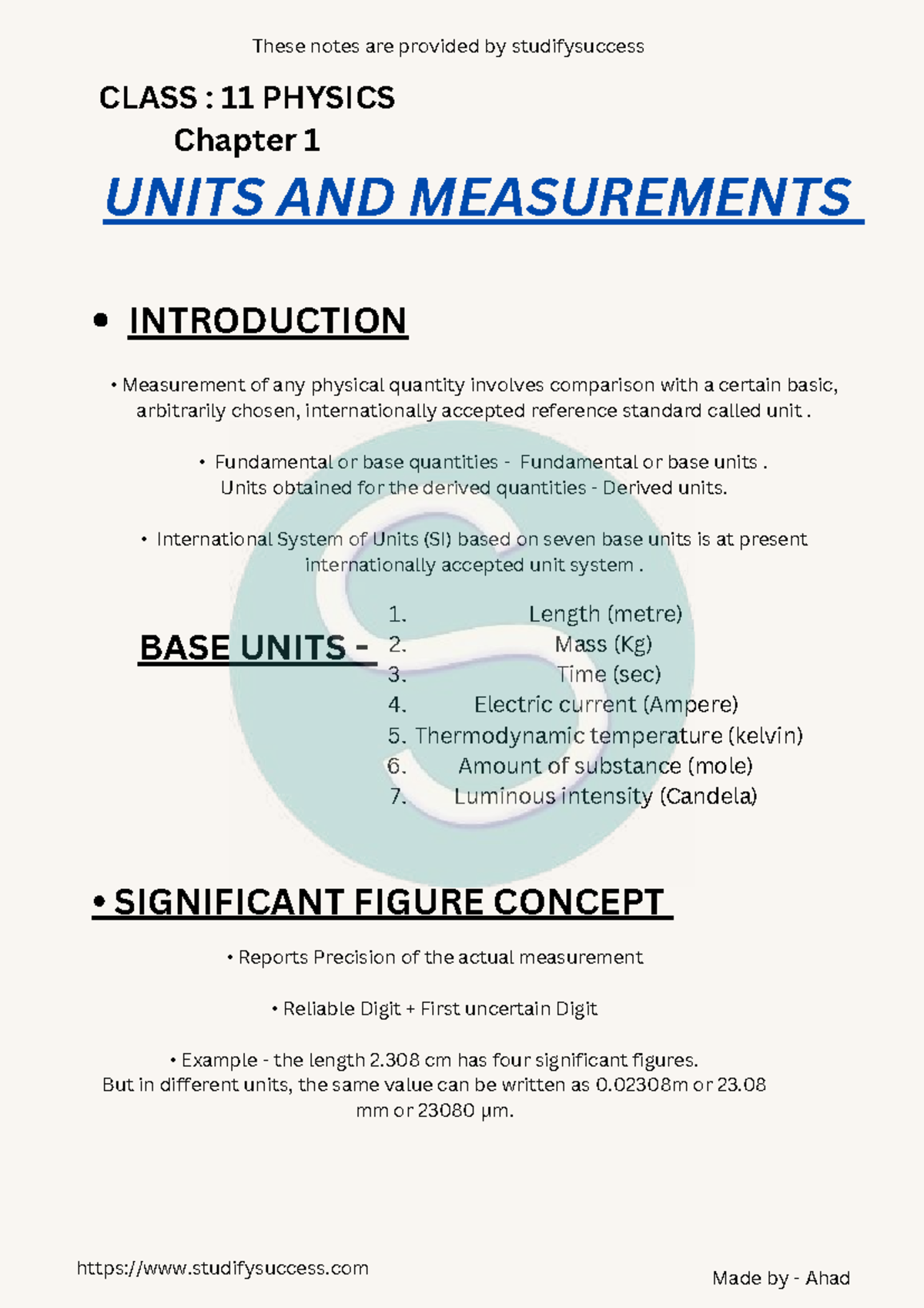 Class 11 Physics Chapter 1: Units and Measurements Notes - Studocu