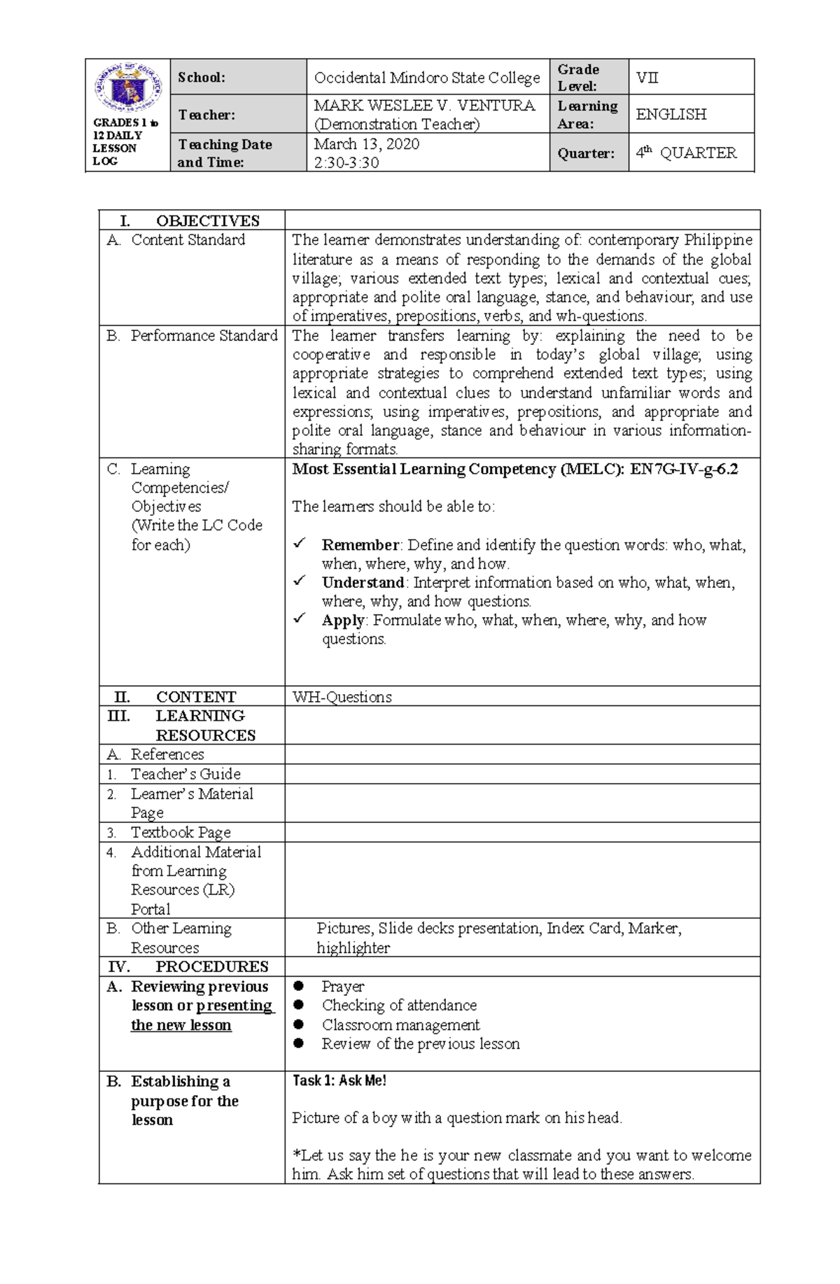 Formulating WH-Questions in English Class (ENG101) - Lesson Guide - Studocu