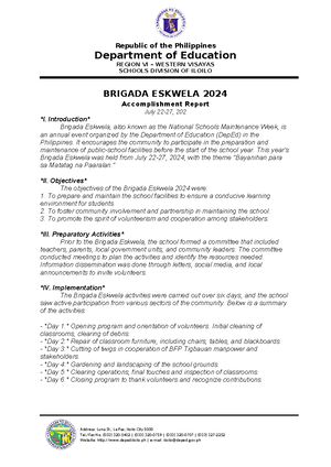 Brigada Eskwela Accomplishment Report SY 2024-2025 - Parara NH School ...