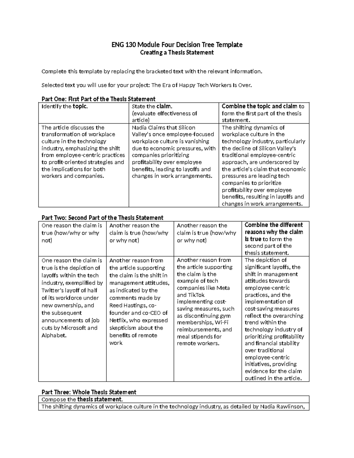 ENG 130 Module Four Thesis Statement Development Template - Studocu