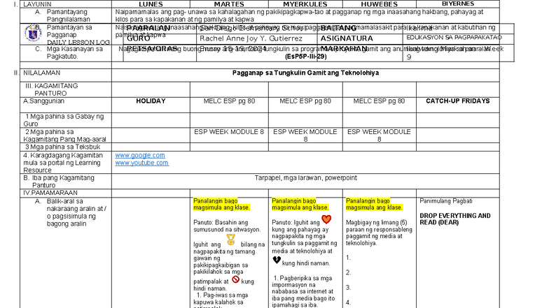 ESP Q2 W9 - Daily Lesson Log on Values and Technology Use - Studocu