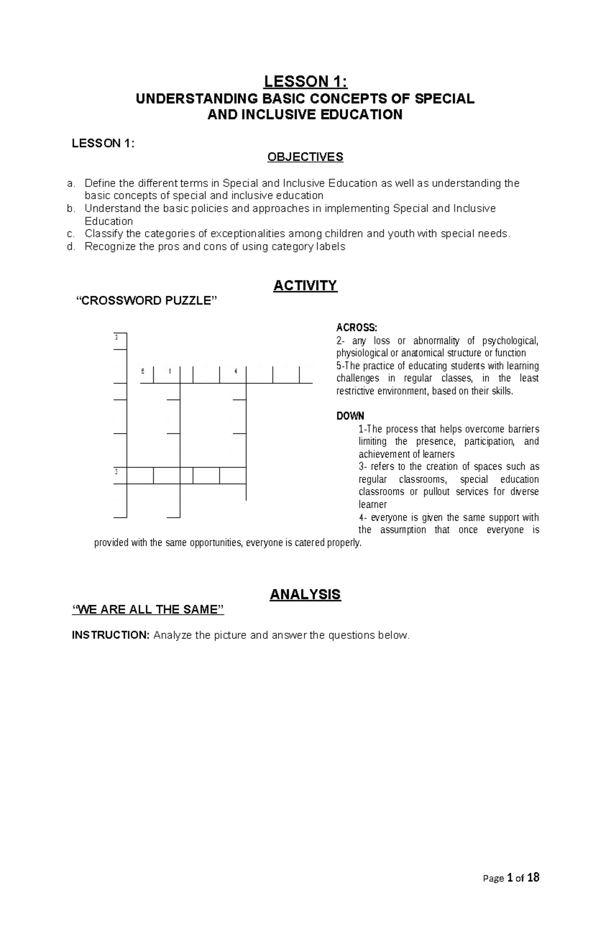 LESSON 1: INTRODUCTION TO SPECIAL AND INCLUSIVE EDUCATION CONCEPTS ...