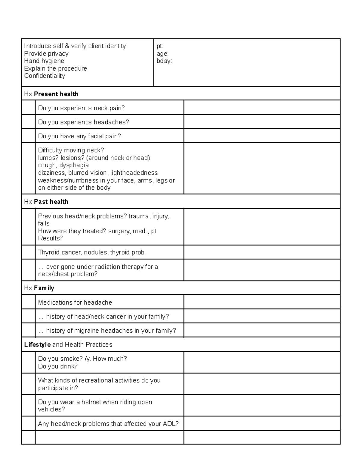 Head and neck checklist for client assessment and verification - Studocu