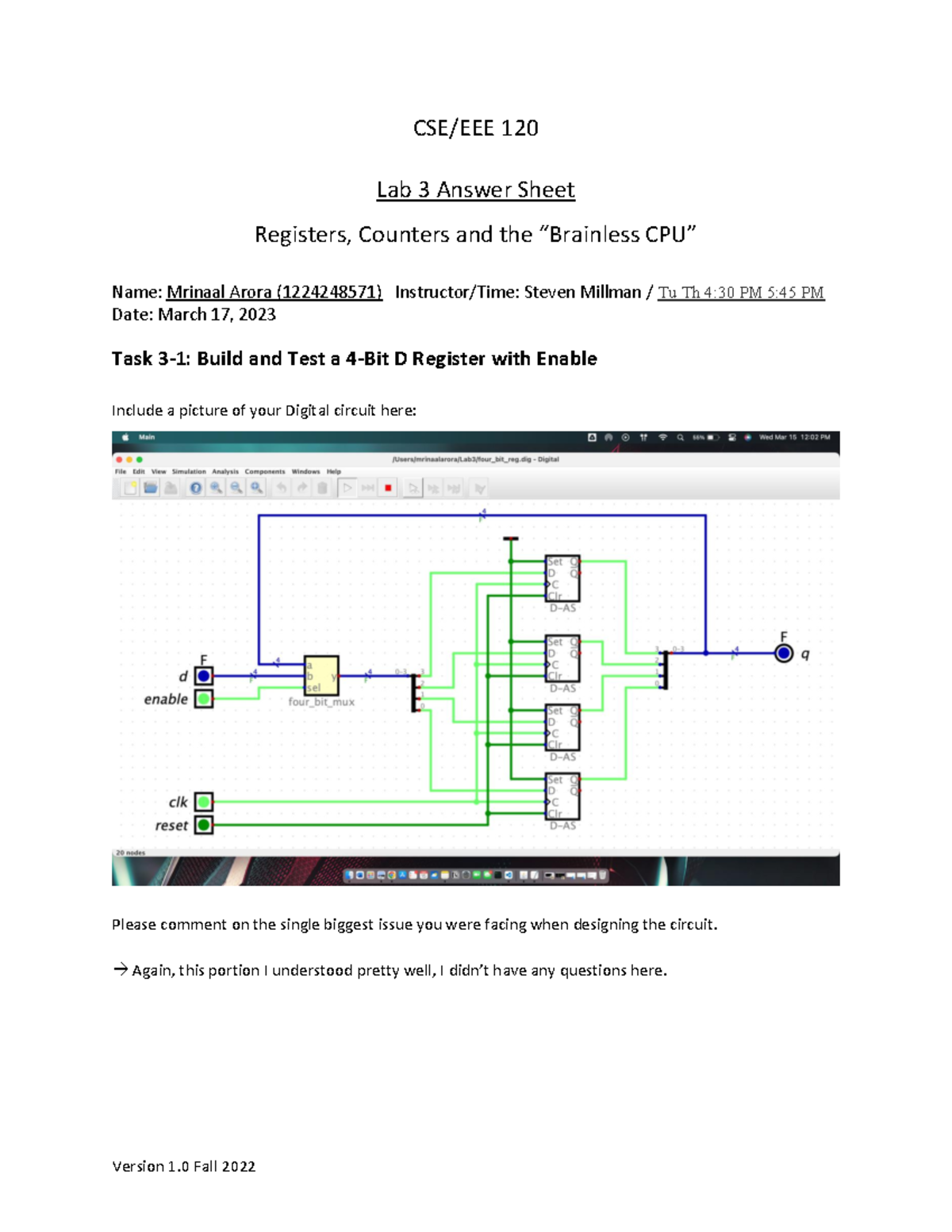 CSE/EEE 120 Lab 3: Registers, Counters & Brainless CPU Solutions - Studocu
