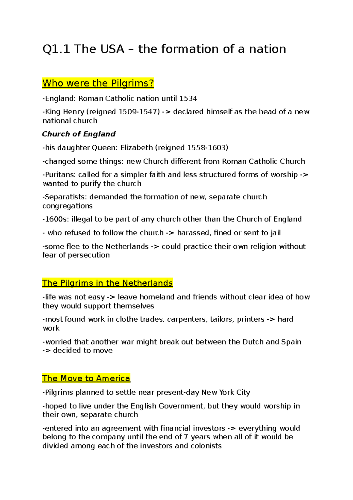 Q1.1 The USA: Formation of a Nation and Key Historical Events - Studocu