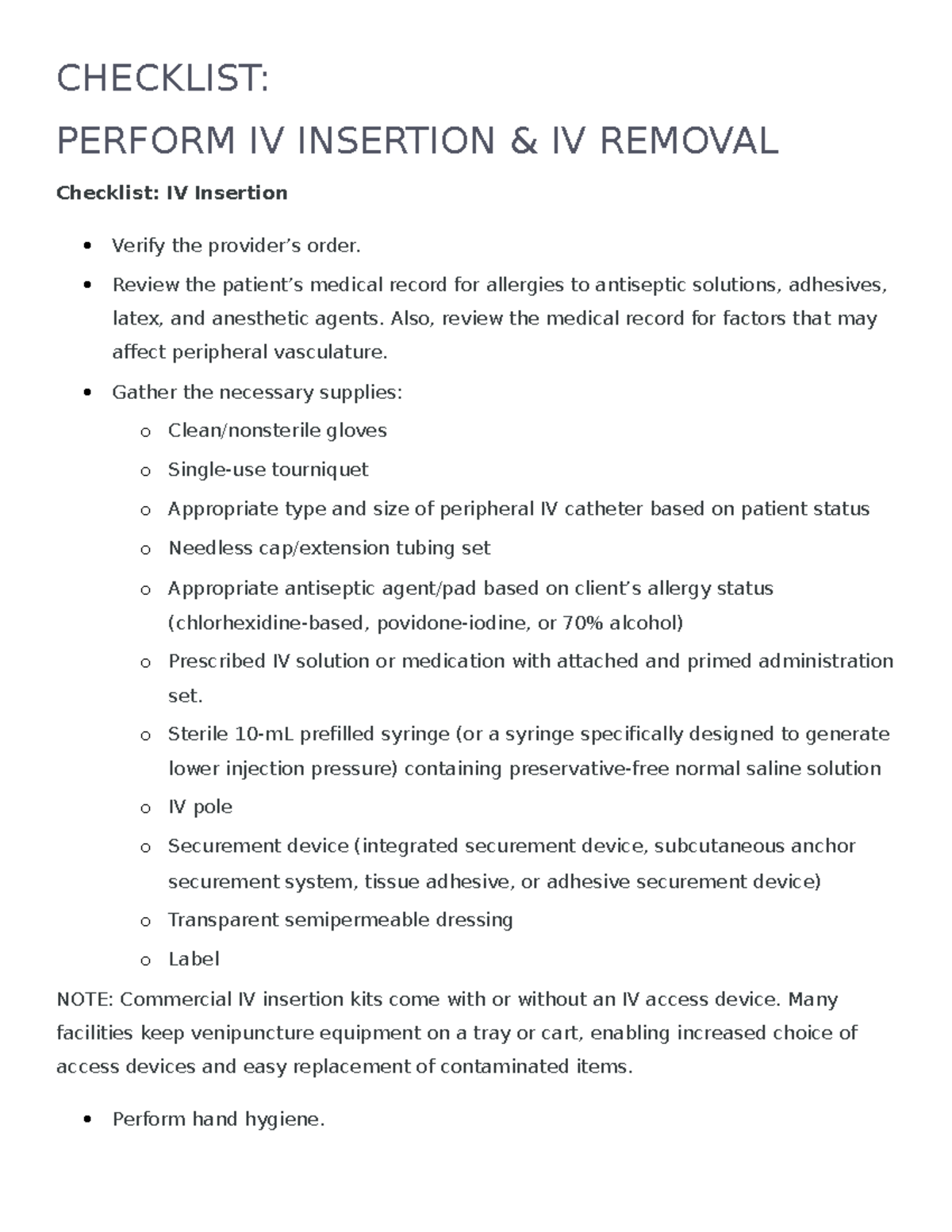 IV Insertion & Removal Checklist for Clinical Practice - Studocu