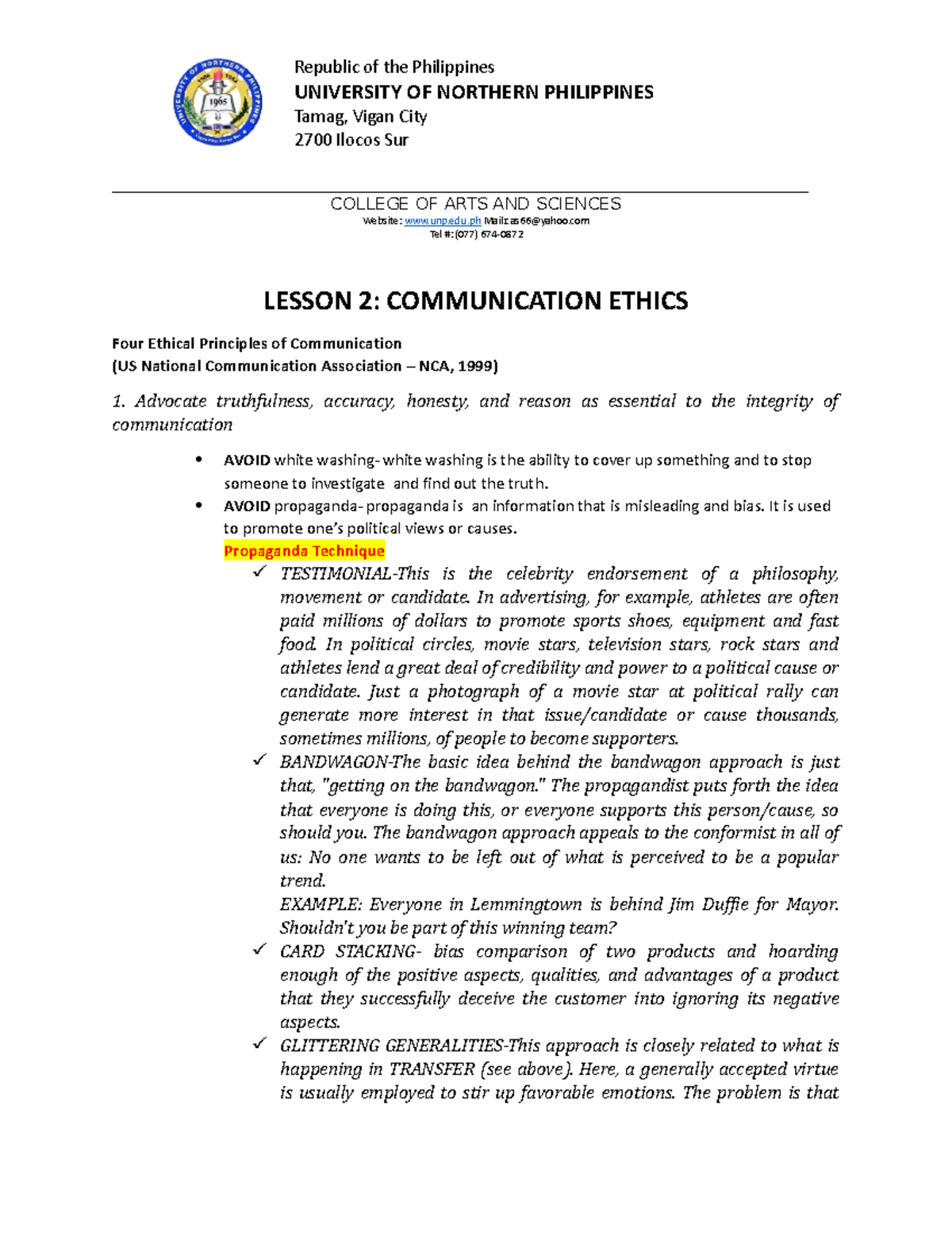 Lesson 2: Communication Ethics and Propaganda Techniques (CAS) - Studocu