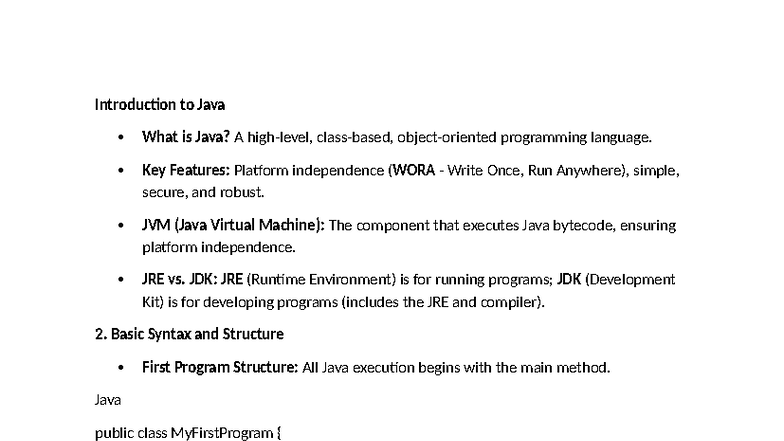 Java Programming Basics: Key Features, Syntax, and Control Flow - Studocu