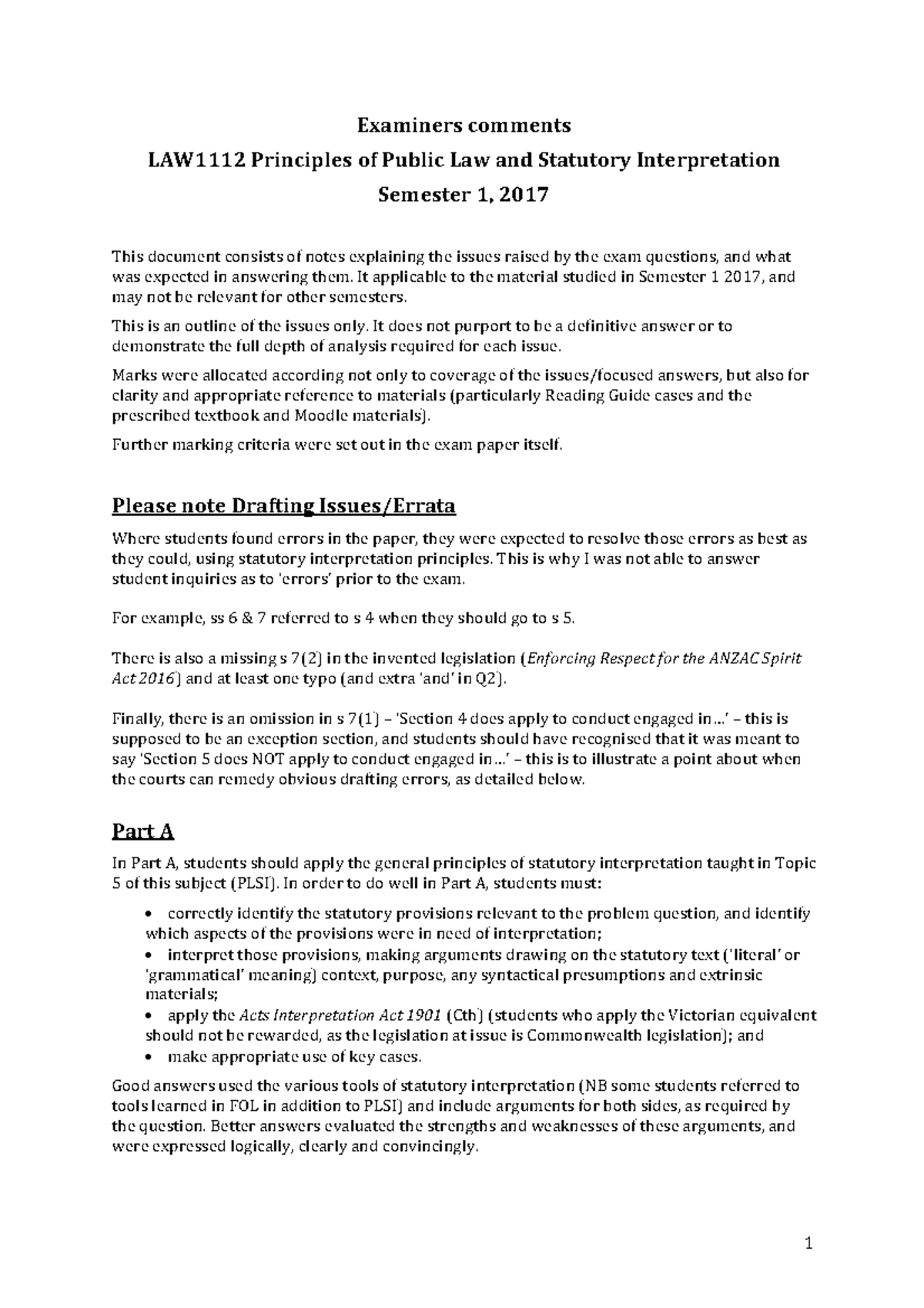 PLSI S1 2017 - Examiner's Comments on Public Law Exam Issues - Studocu