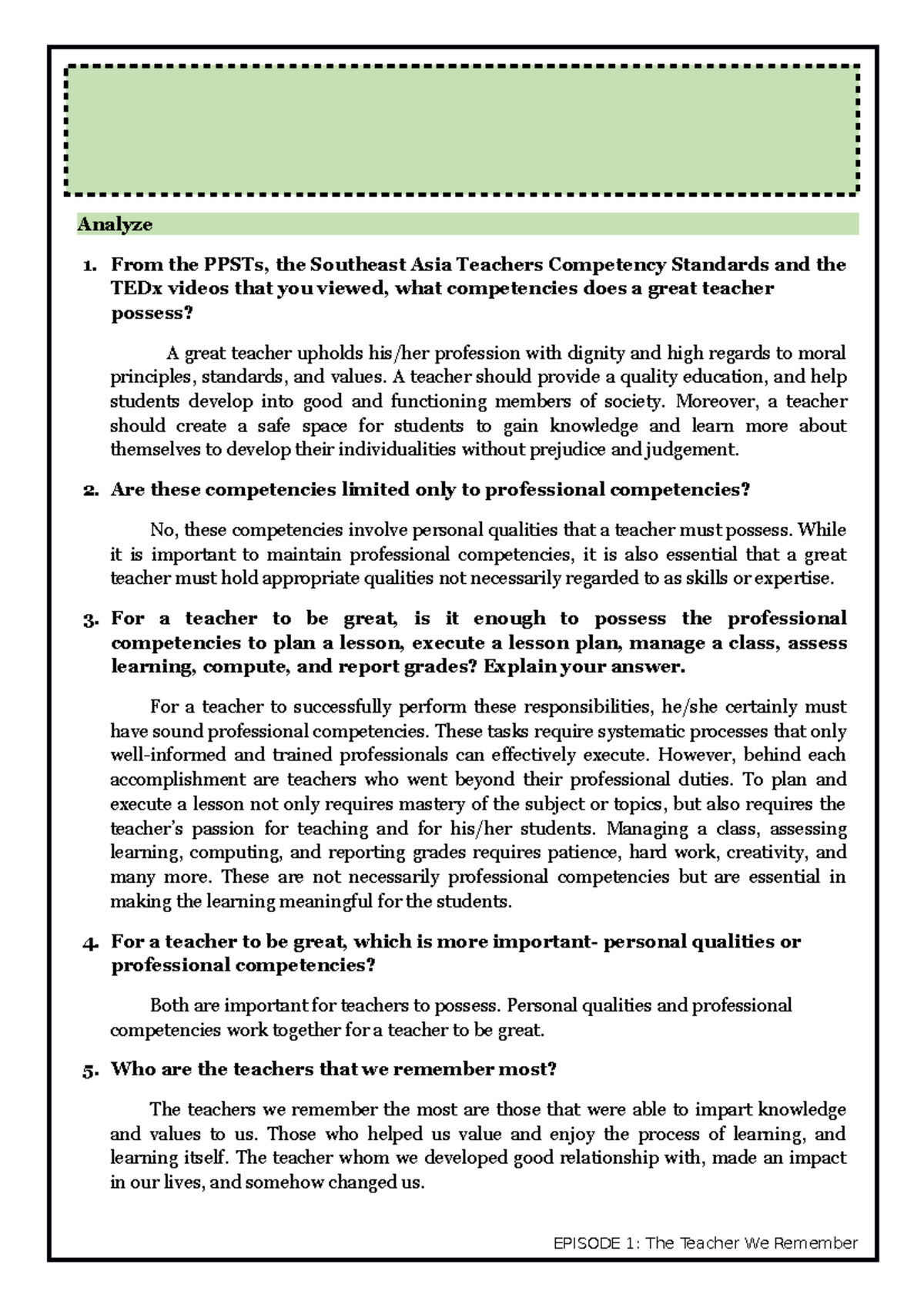 EP - Field Studies 2: Analysis of Teacher Competencies and Qualities ...