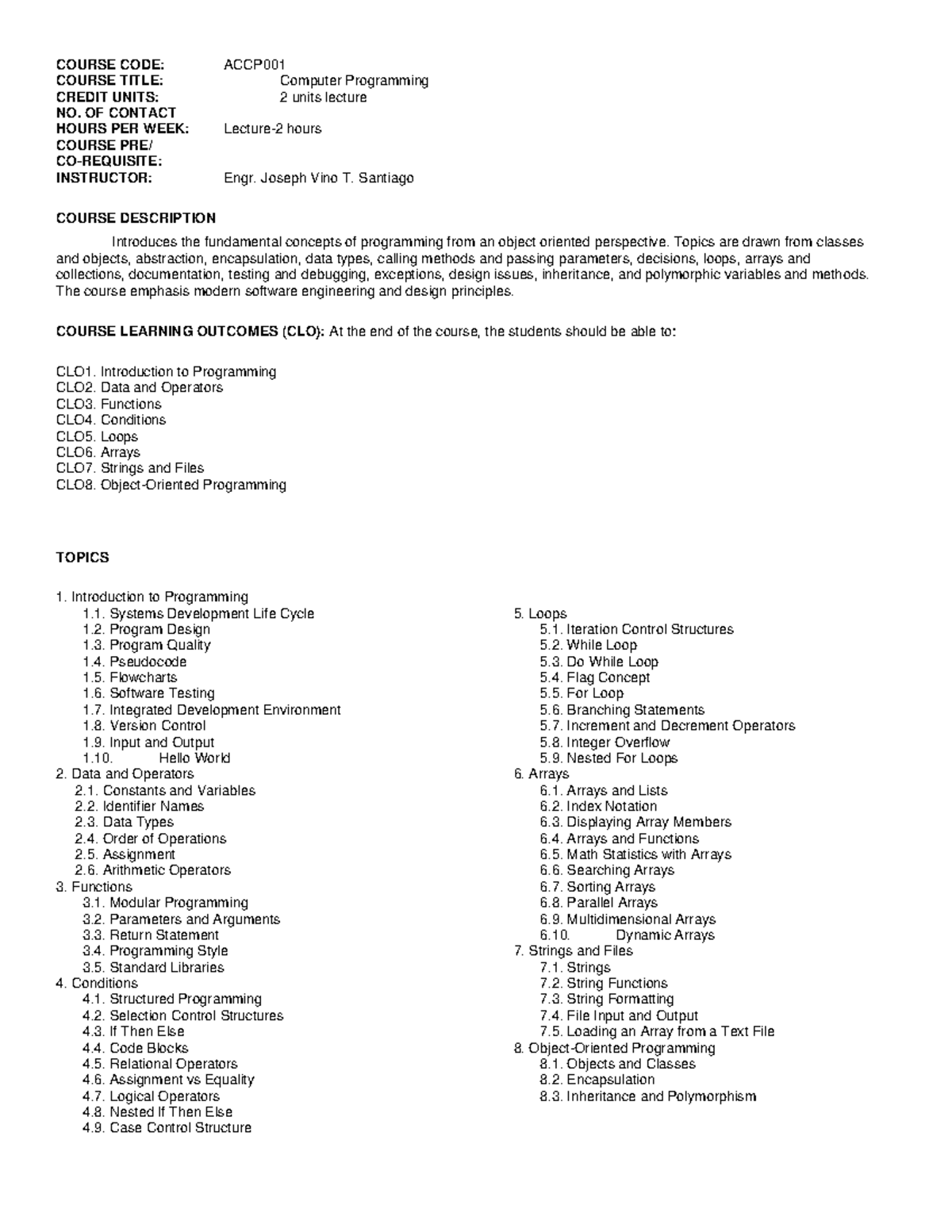 Computer Programming syllabus - COURSE CODE: ACCP COURSE TITLE ...