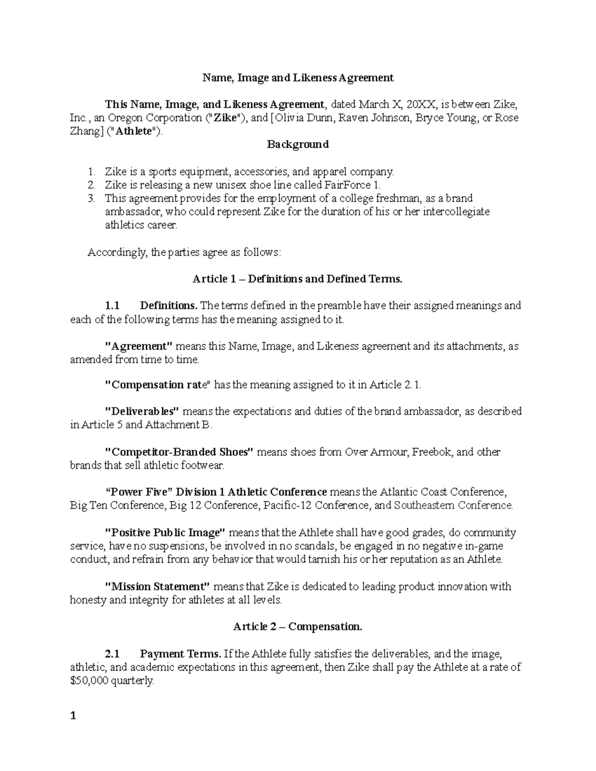 NIL - draft of contract - Name, Image and Likeness Agreement This Name ...