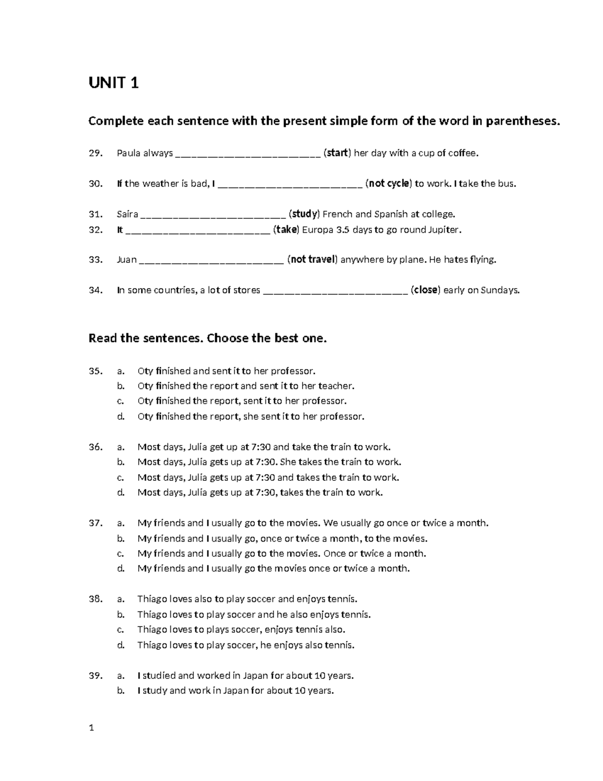 Unit 1 - Present Simple Practice Exercises and Sentence Corrections ...