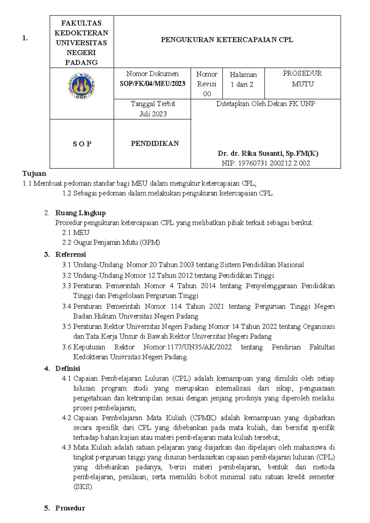 SOP Pengukuran Ketercapaian CPL - FK UNP Juli 2023 - Studocu