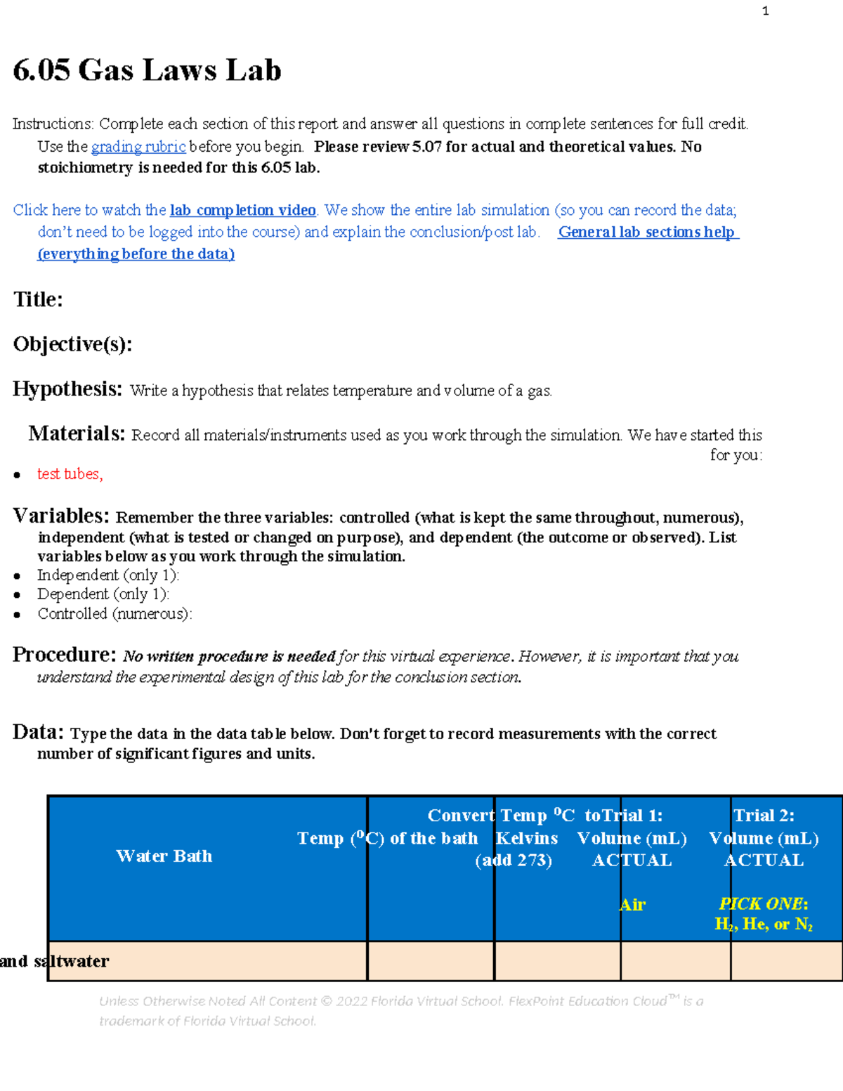 6.05 Gas Laws Lab Report V22 - Complete Instructions and Data Entry ...