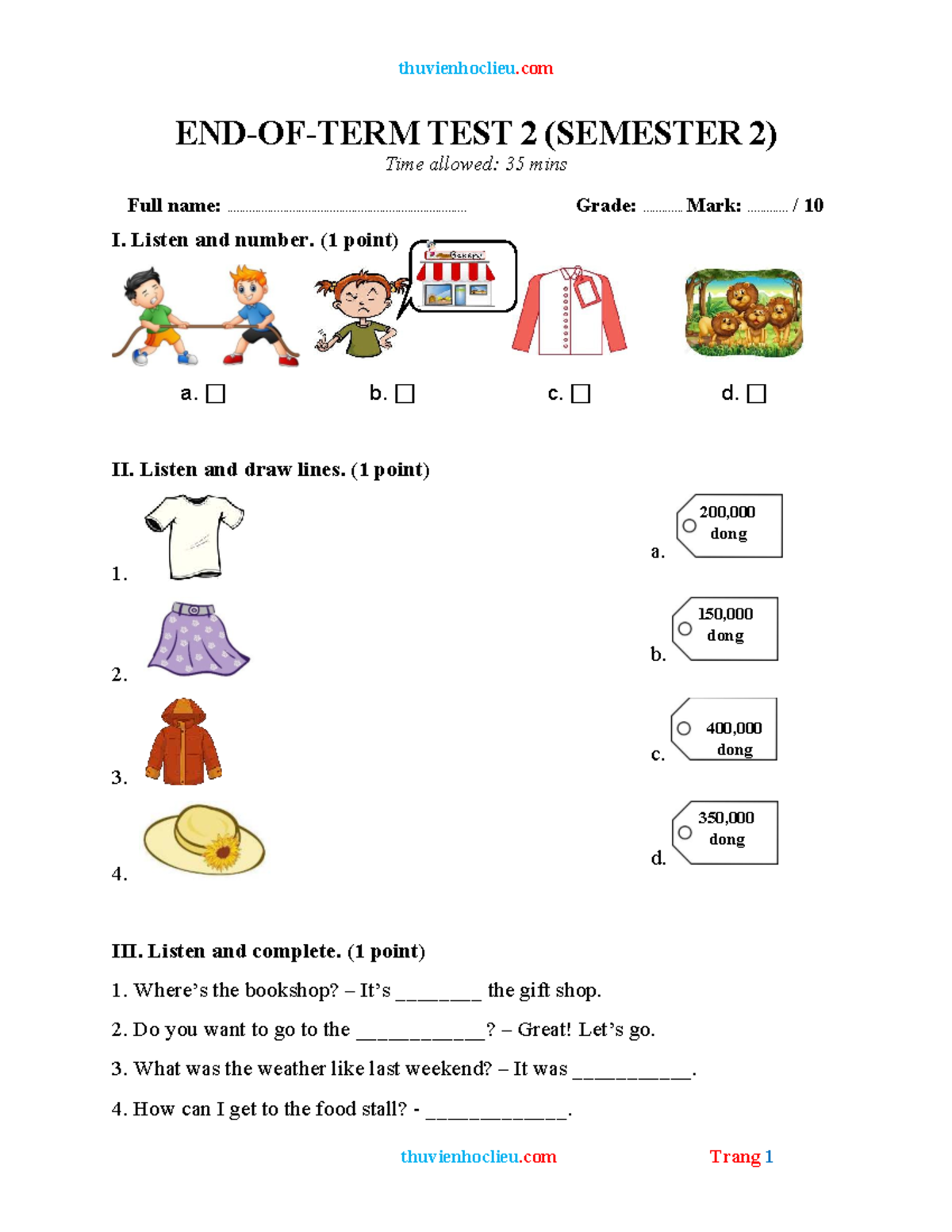 Thuvienhoclieu.com TEST 2 (SEMESTER 2) - Listening & Speaking ...