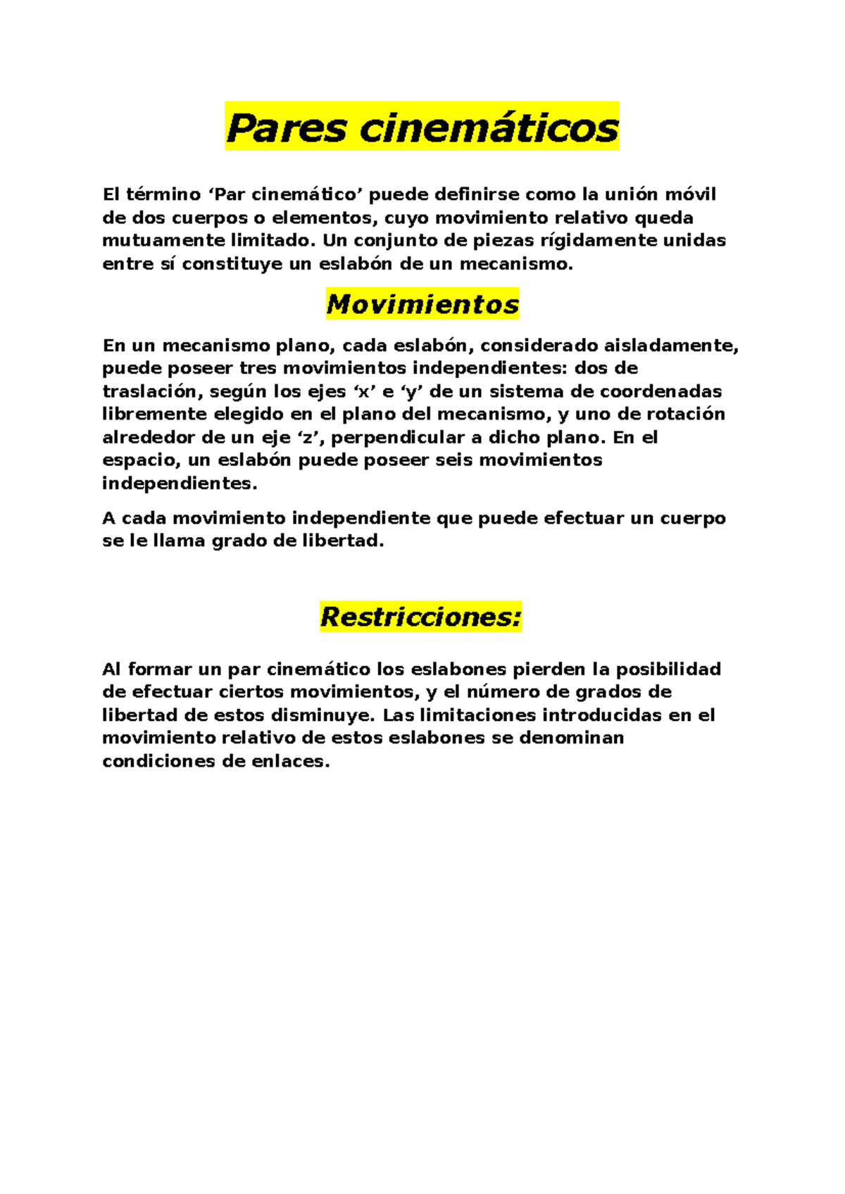 Tipos de Pares Cinemáticos y sus Movimientos en Mecanismos - Studocu
