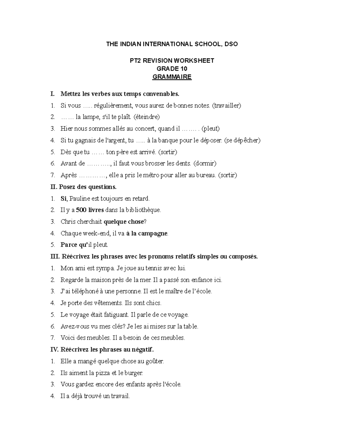 GR10 PT2 Revision Worksheet: Grammaire et Exercices - Studocu