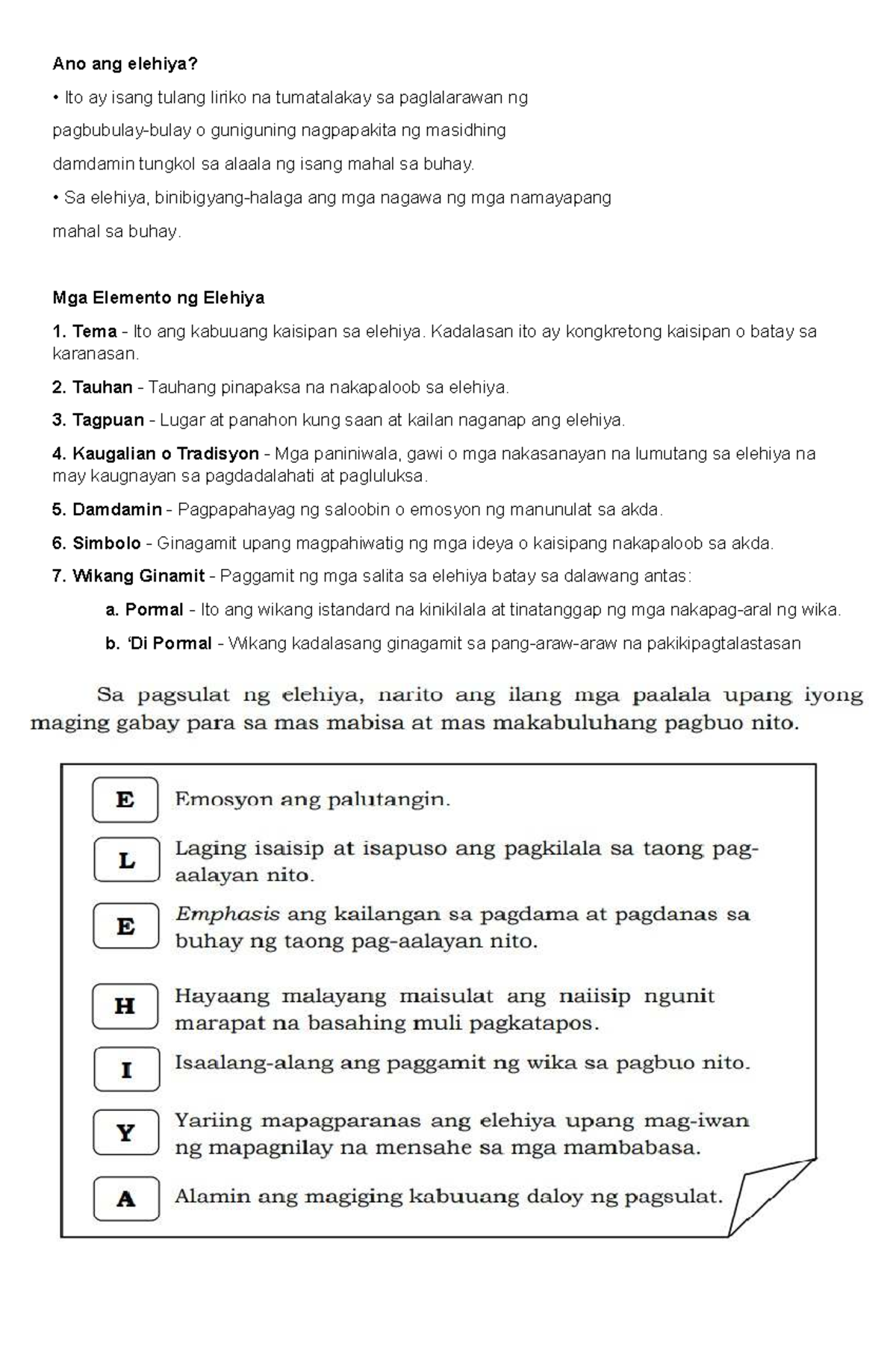 Elehiya: Mga Elemento at Pagsusuri ng Tula (FIL101) - Studocu