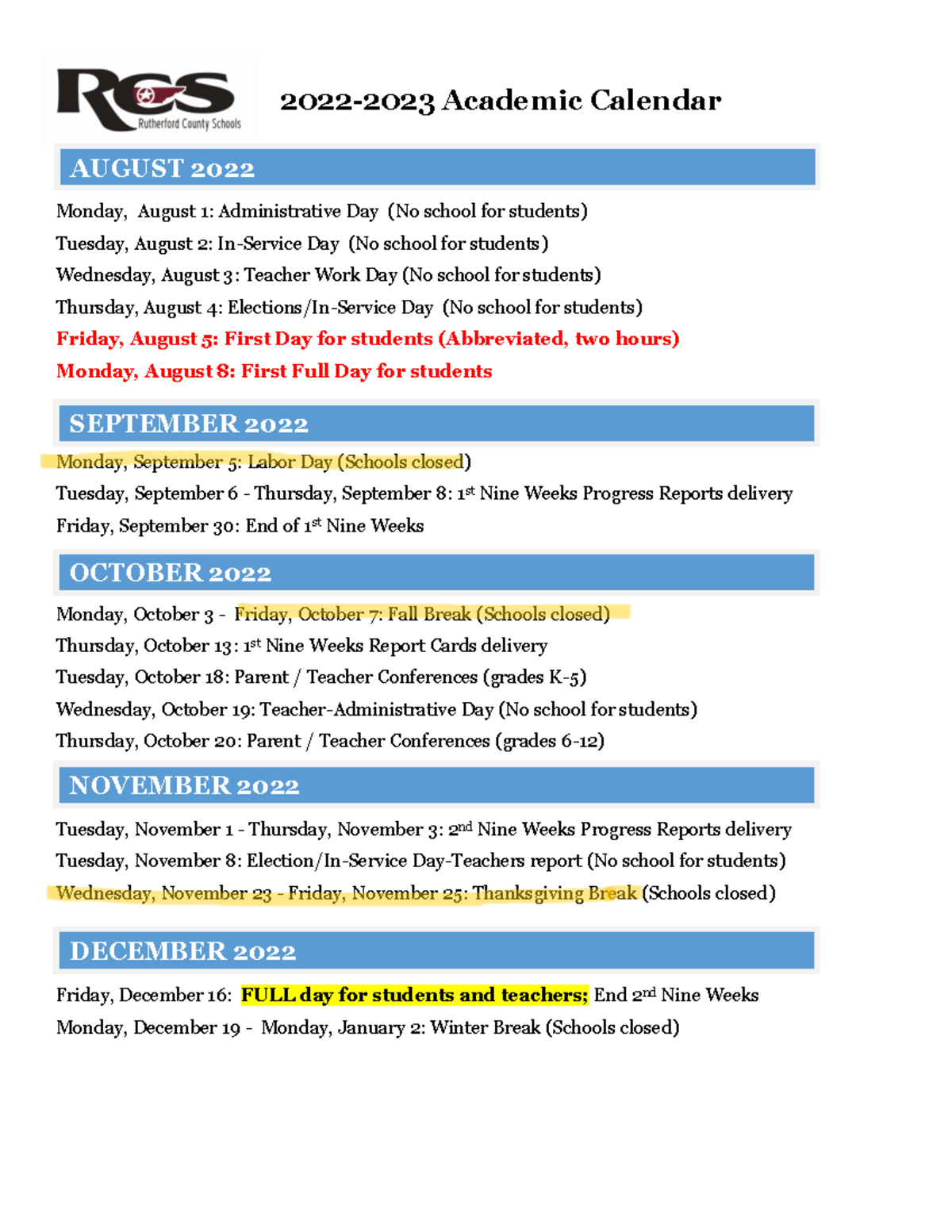 2022-2023 Academic Calendar Overview (AUGUST-DECEMBER) - Studocu