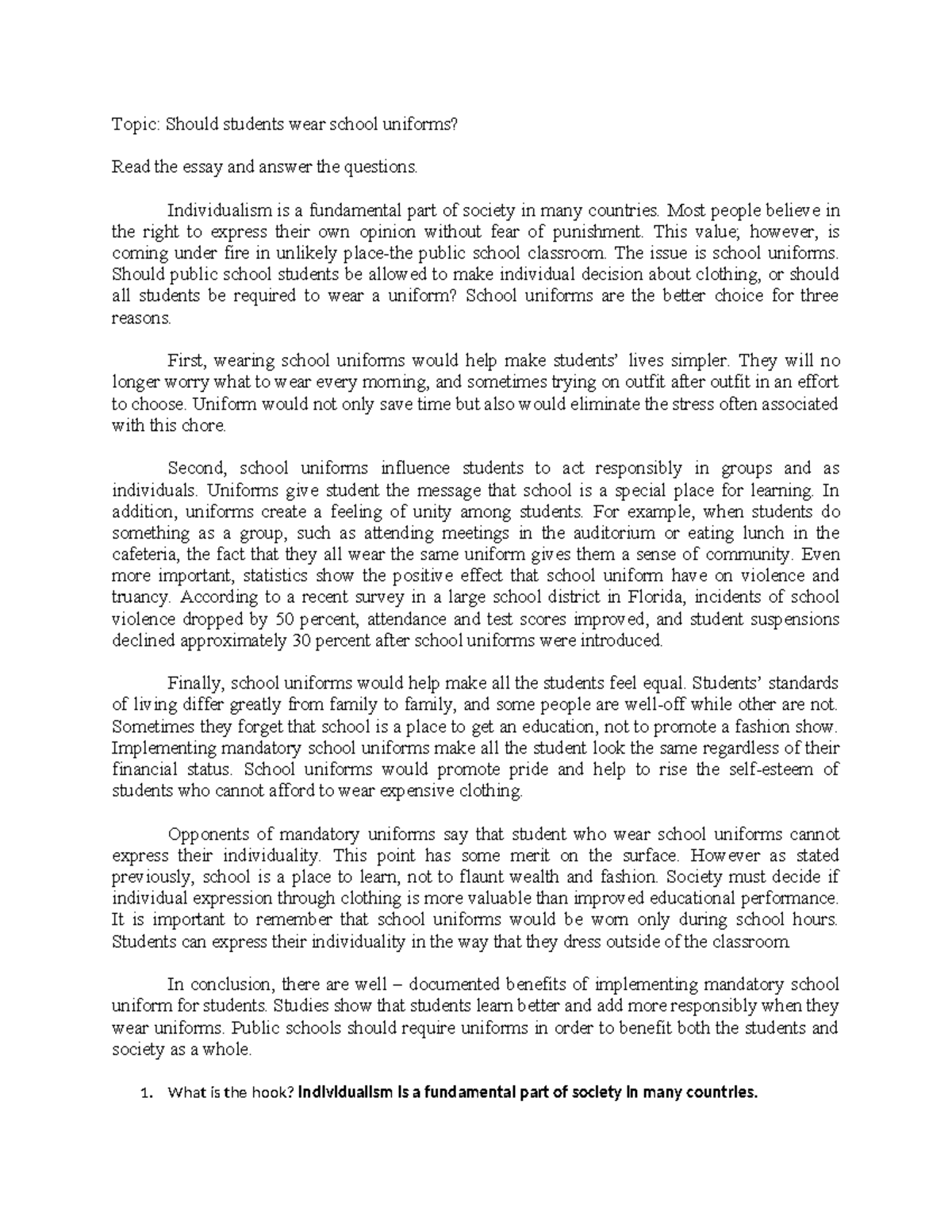 Argumentative Essay 2: Should Students Wear School Uniforms? - Studocu