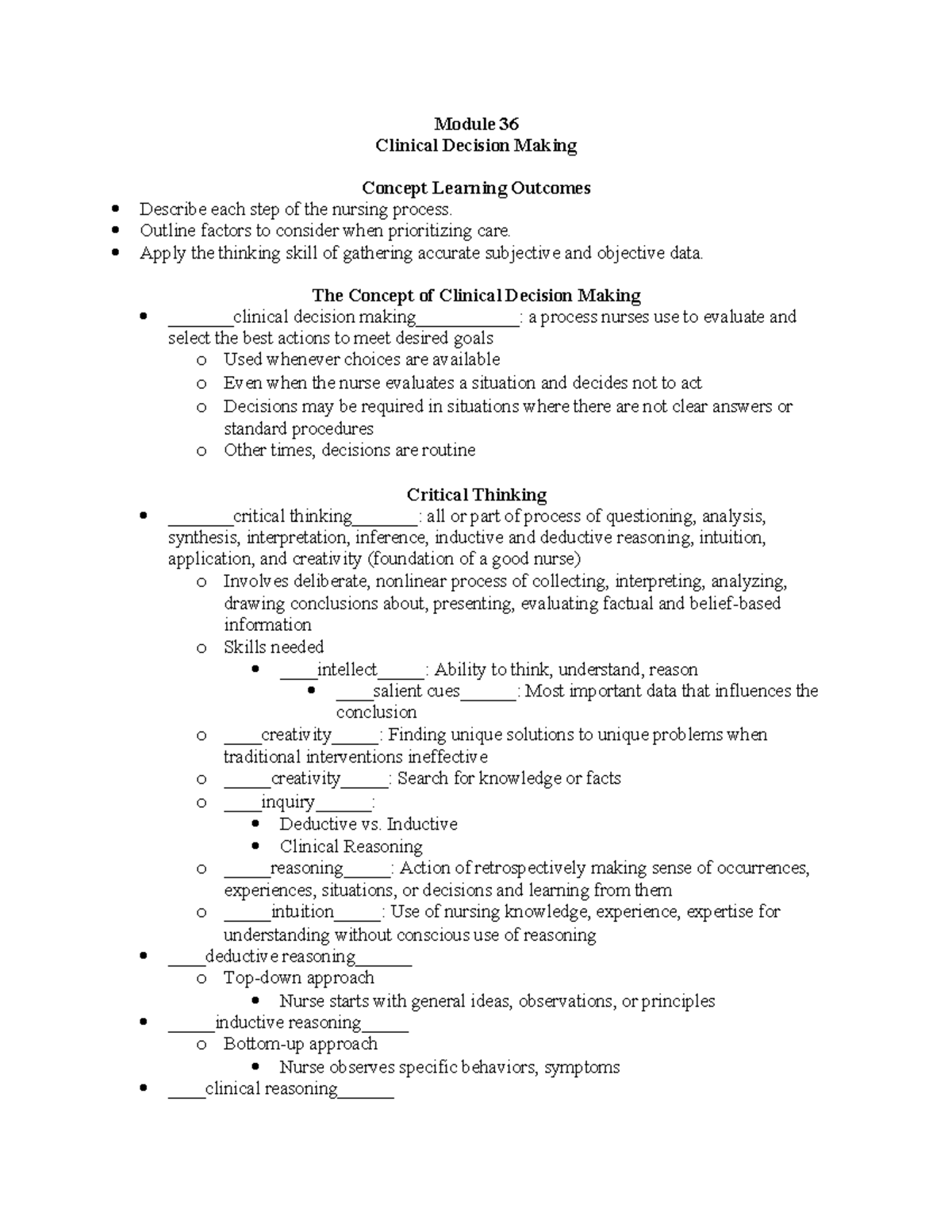 Module 36 Clinical Decision Making Guided Notes for Nursing Students ...