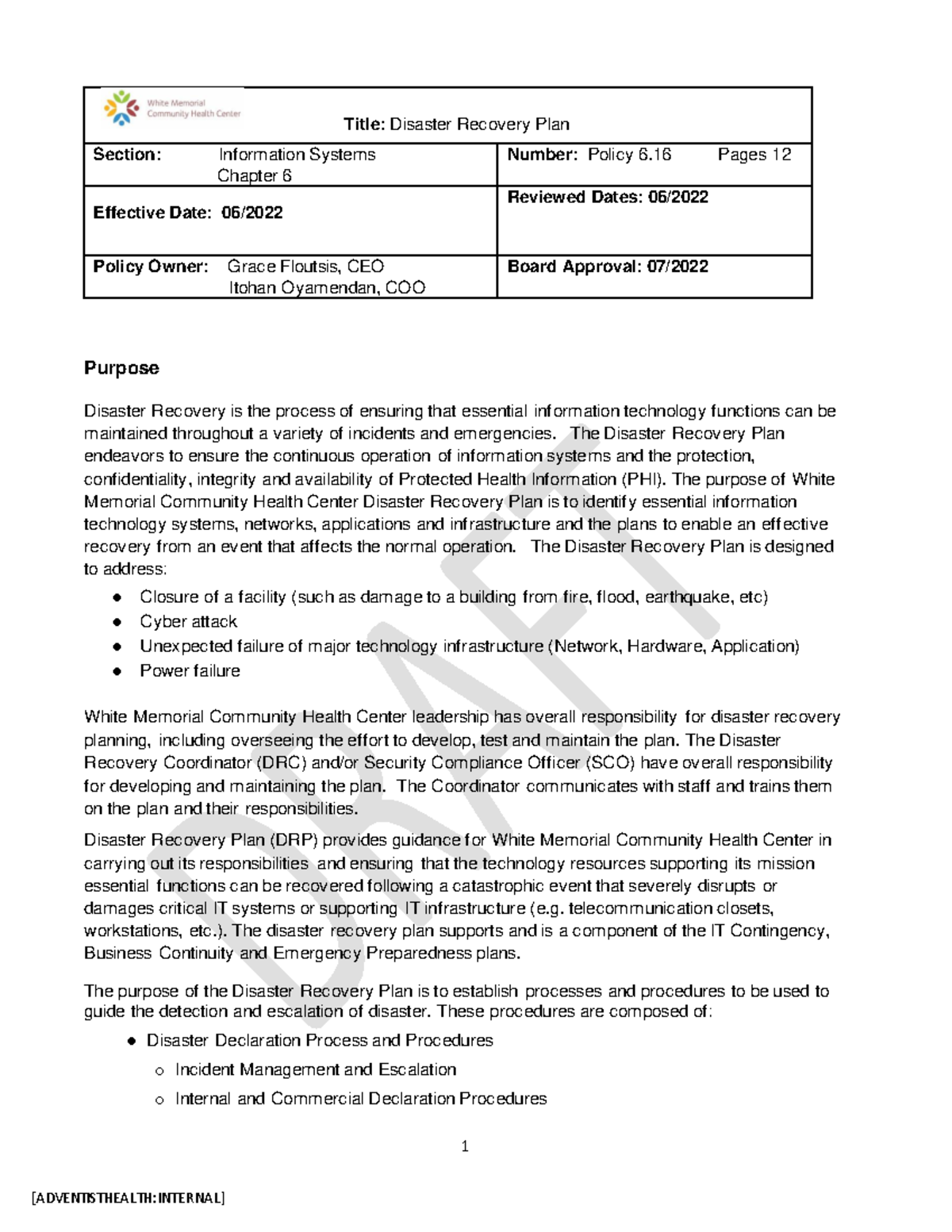 WMCHC Disaster Recovery Plan: Policy 6.16 - Information Systems Chapter ...