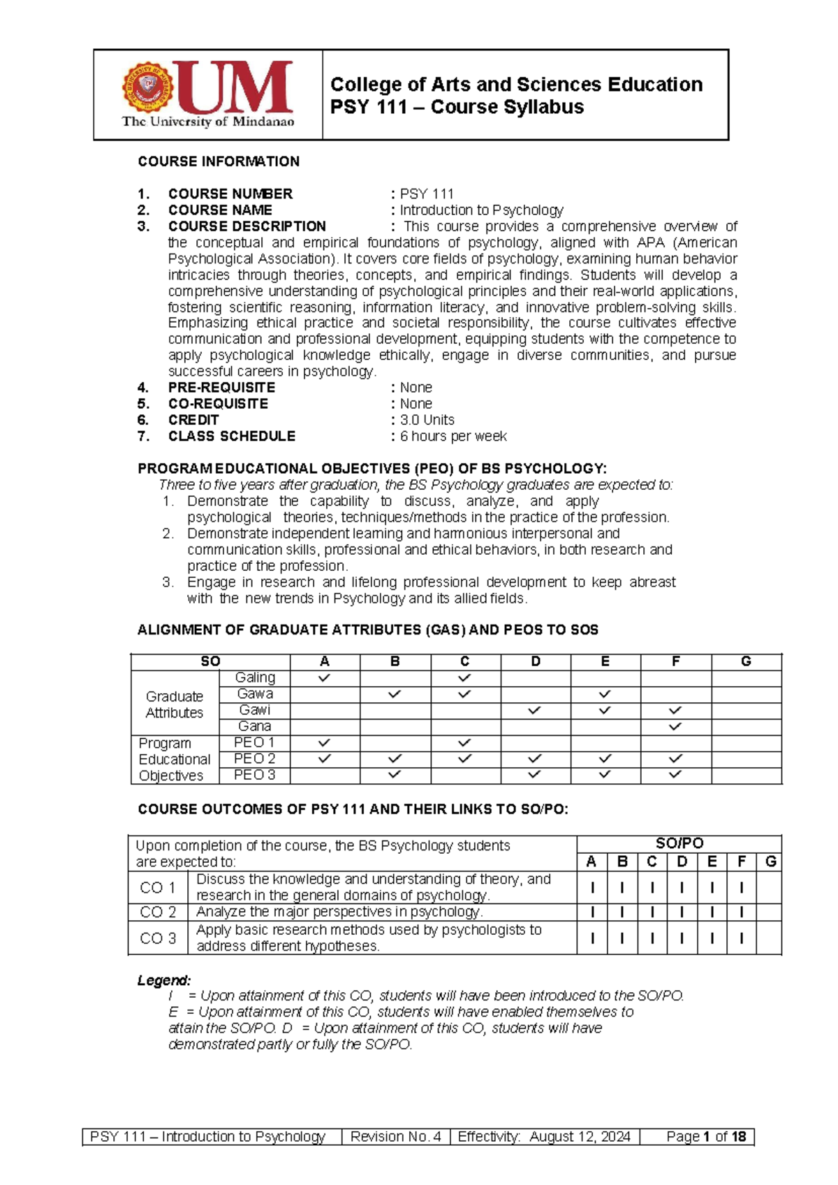 PSY 111 - Introduction to Psychology Course Syllabus Revision 4 - Studocu