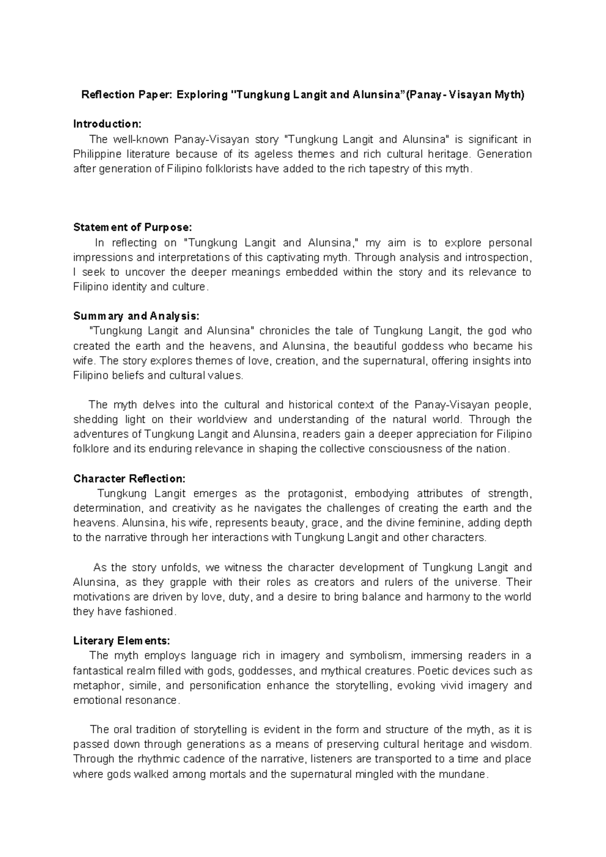 Reflection Paper on "Tungkung Langit and Alunsina" (Panay Myth) - Studocu