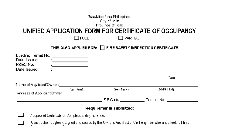 Unified Application Form for Certificate of Occupancy (CO) - Studocu