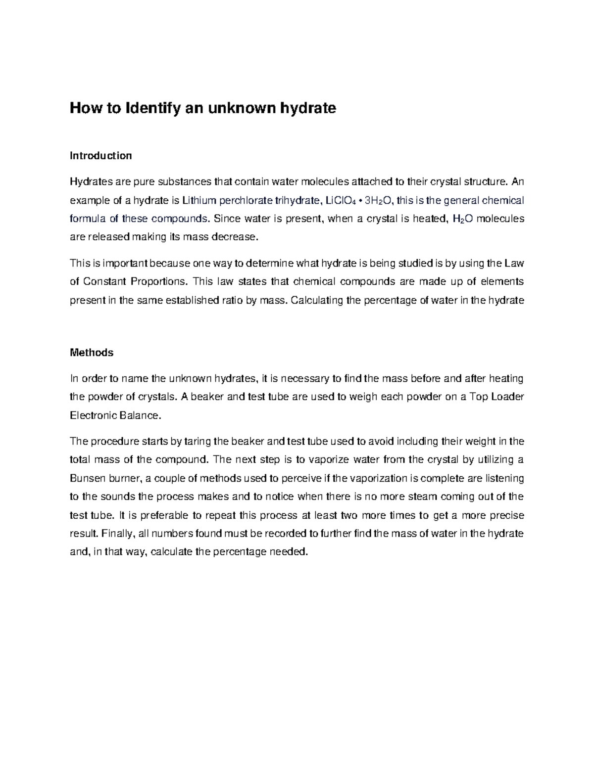 Identifying an Unknown Hydrate: Lab Report and Methods Analysis - Studocu
