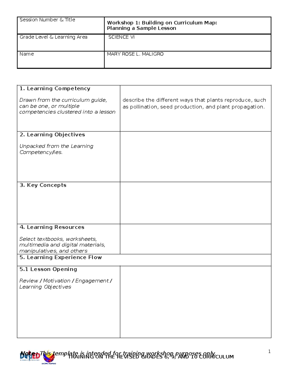 WS1: Sample Lesson Plan Template for SCIENCE VI Workshop - Studocu