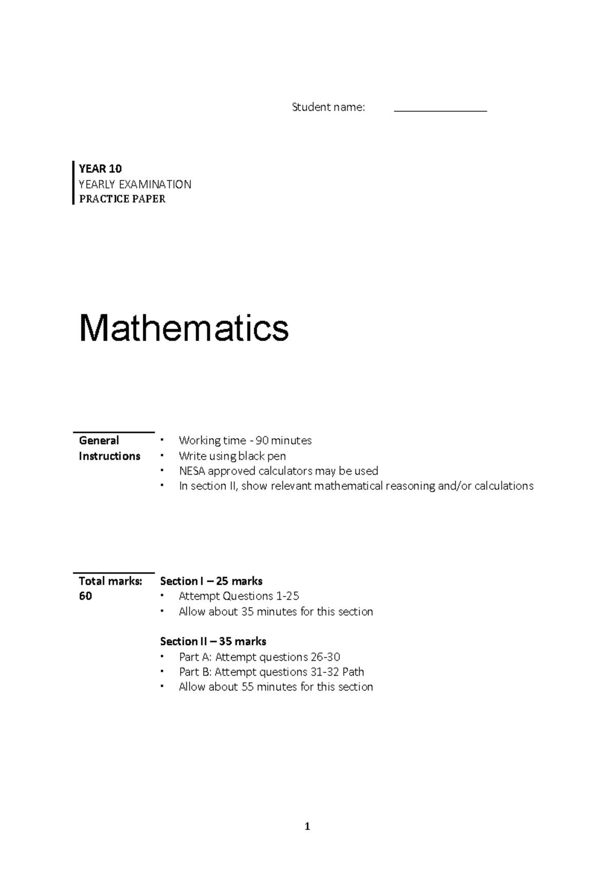 Year 10 Mathematics Yearly Exam Practice Paper - Studocu