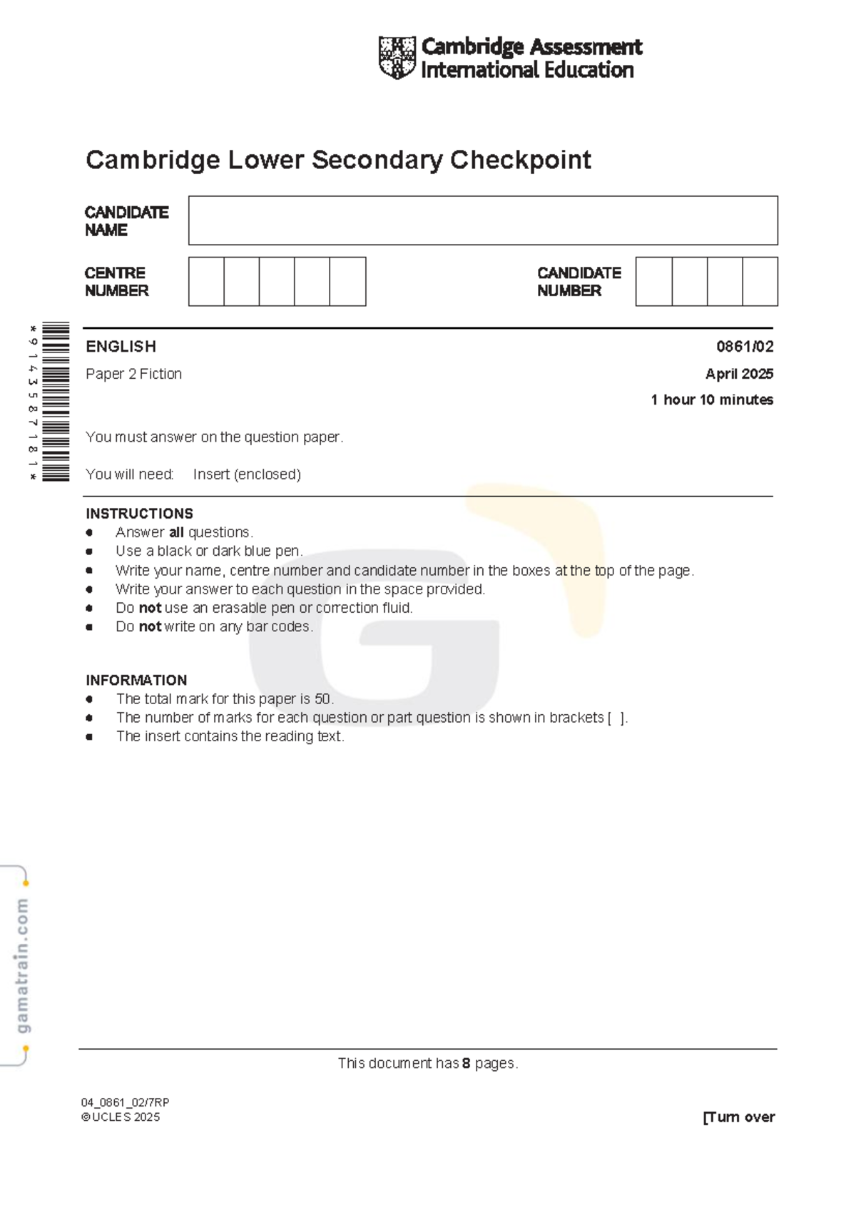 Cambridge Lower Secondary Checkpoint ENGLISH Paper 2 Fiction Exam April ...