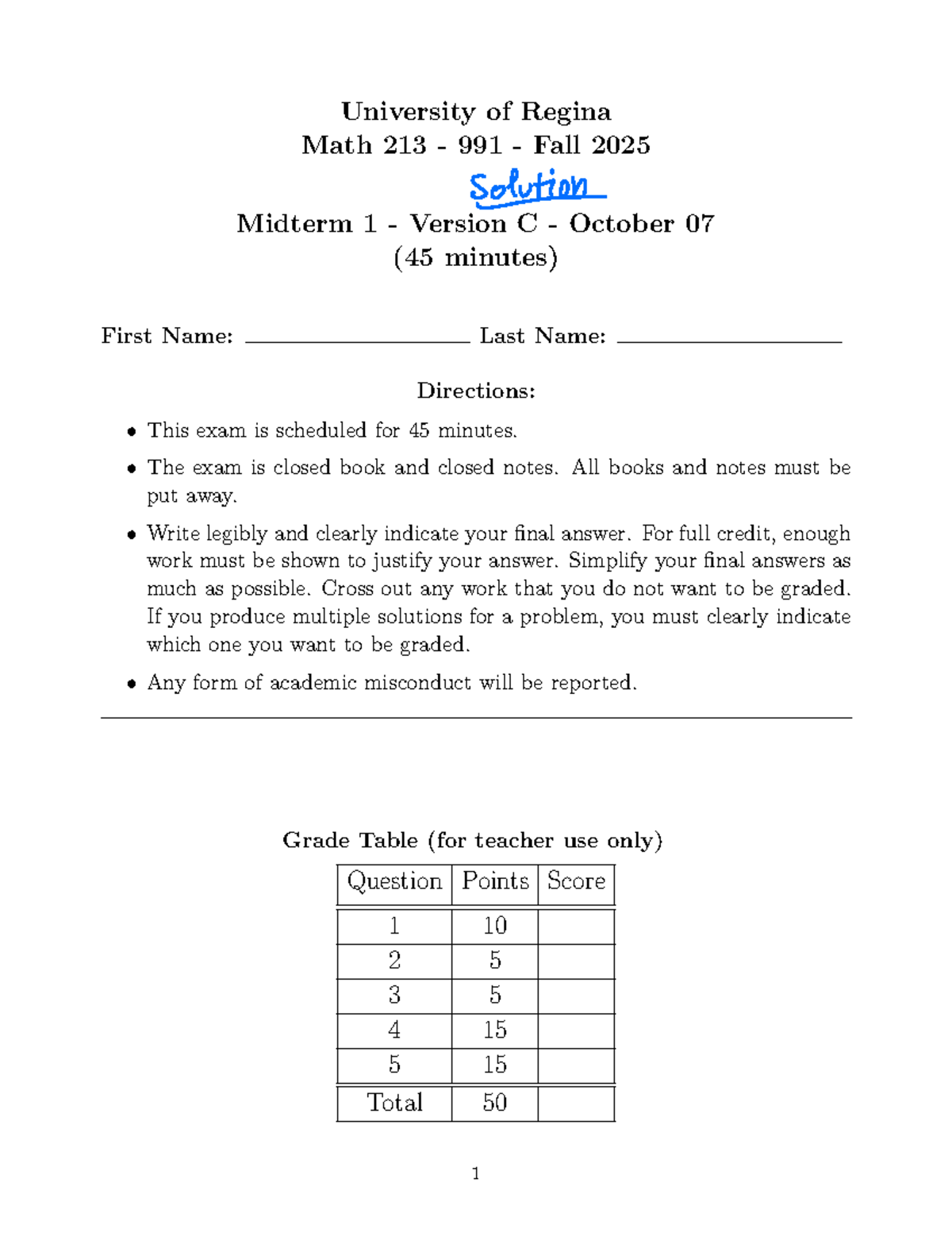 Math 213 991 Fall 2025 Midterm 1 Version C Solutions - Studocu