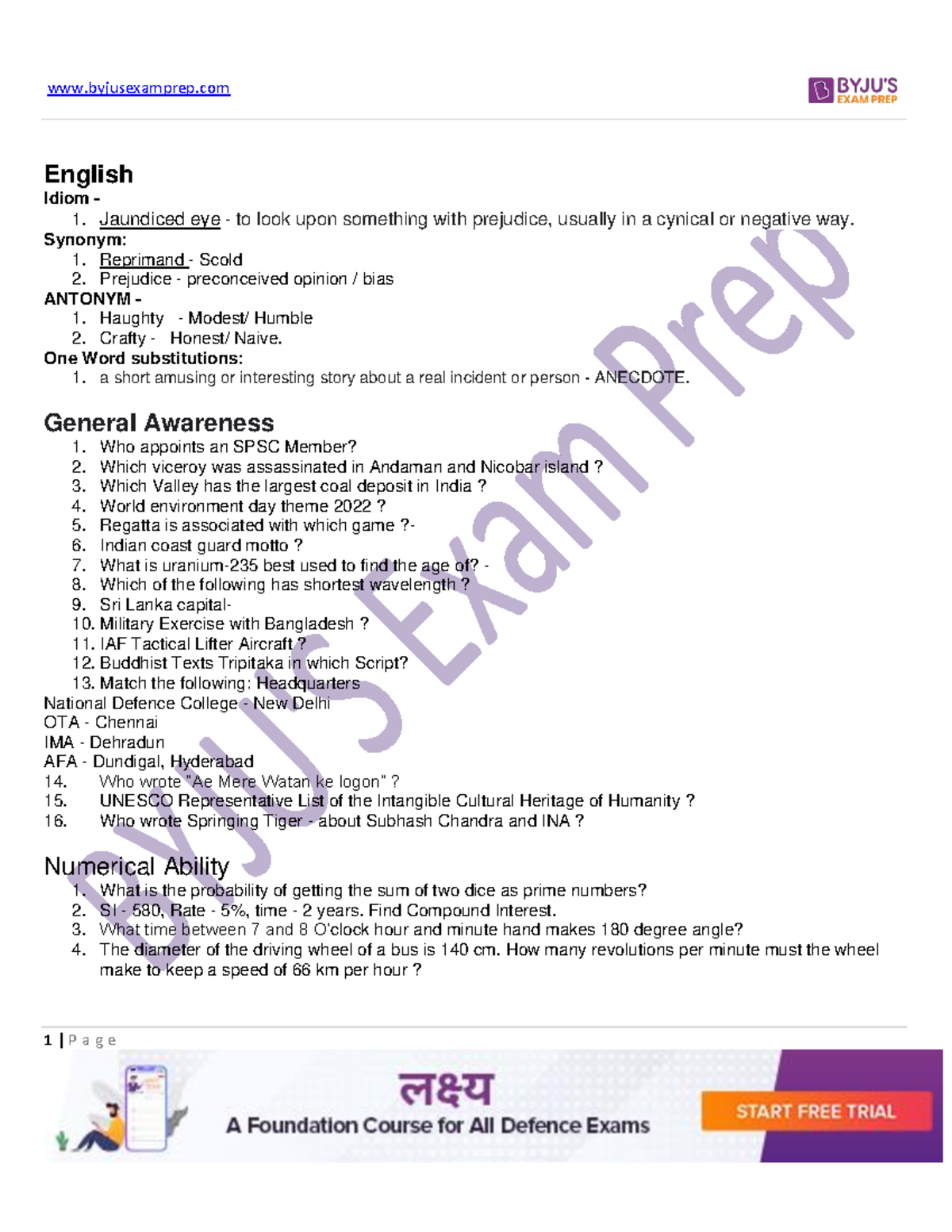 AFCAT Aug 26 Shift 2 PYQ: English Idioms & General Awareness - Studocu