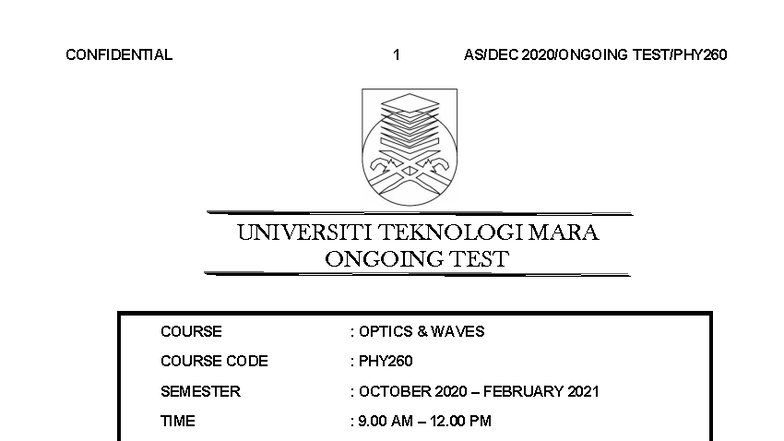 PHY260 Ongoing Test: Optics Waves - Dec 2020 with Answers - Studocu