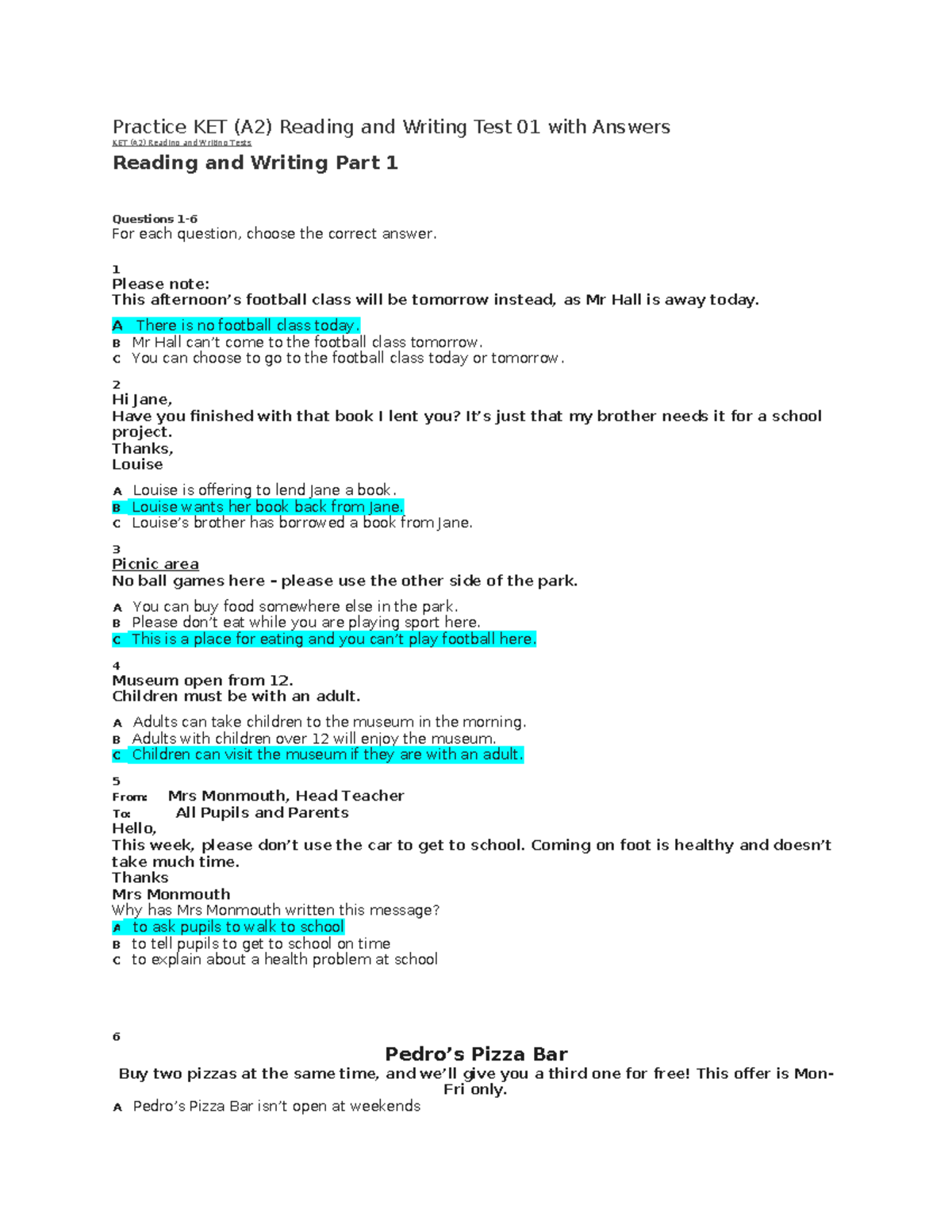 Practice KET (A2) Reading & Writing Test 01 with Answers - Studocu