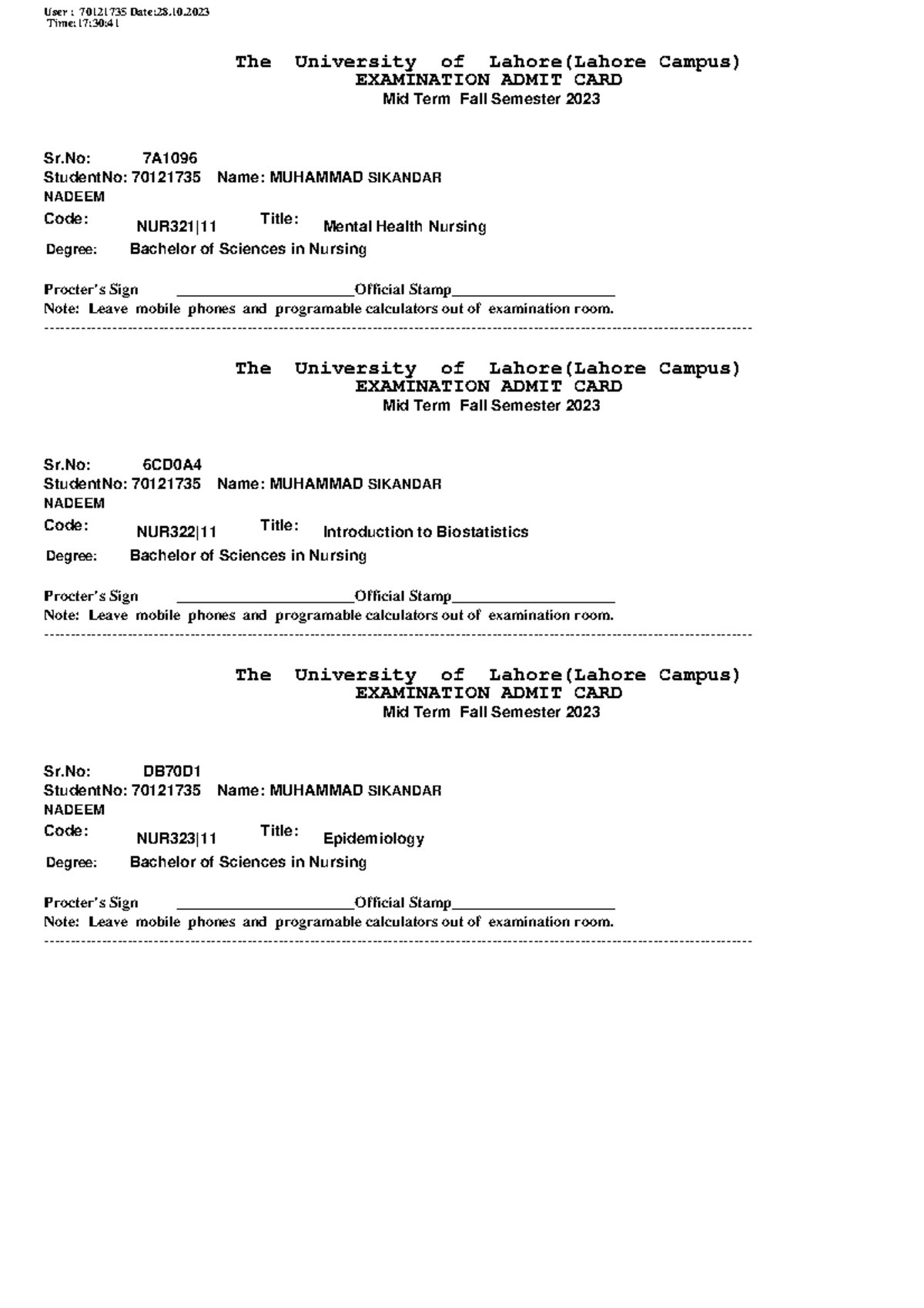 70121735 - Midterm Examination Admit Card for Nursing Courses Fall 2023 ...