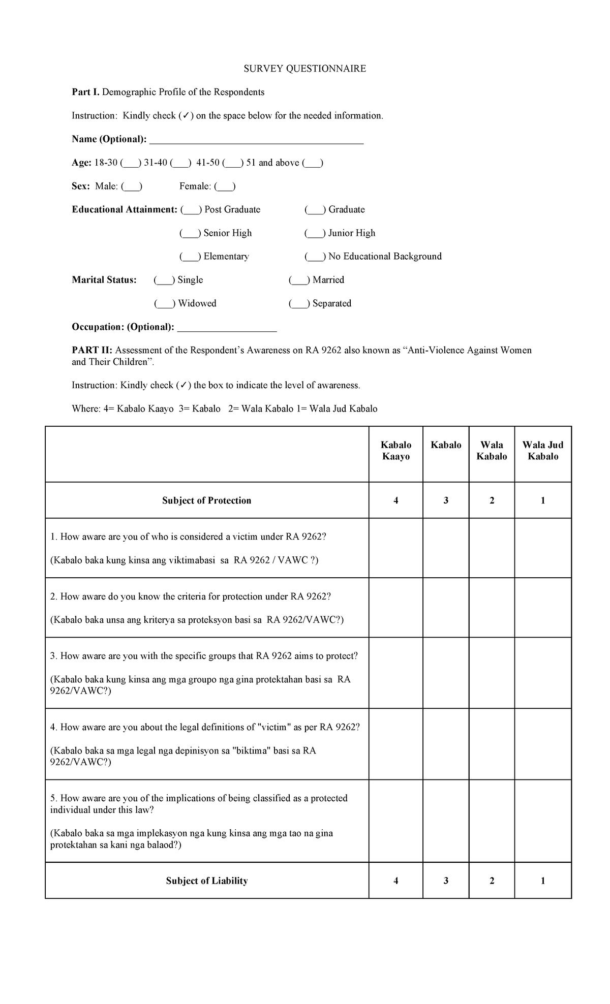 RA 9262 Awareness Survey Questionnaire: Demographics & Assessment - Studocu