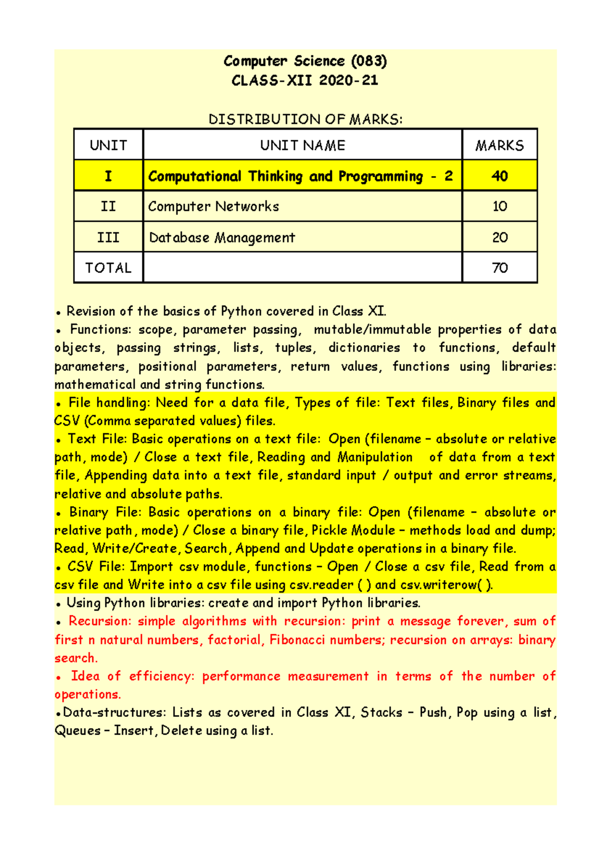 XII CS Unit I: File Handling Concepts & Operations (2020-21) - Studocu