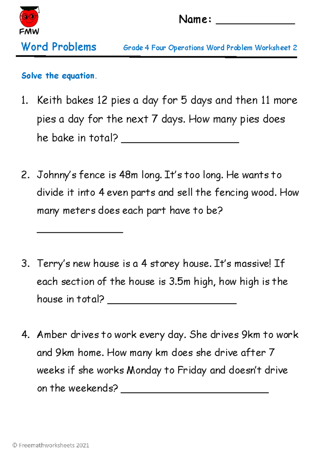 Grade 4 Math: Four Operations Word Problems Worksheet 2 - Studocu