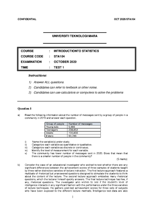 Introduction to Statistics - STA104 - UiTM - Studocu