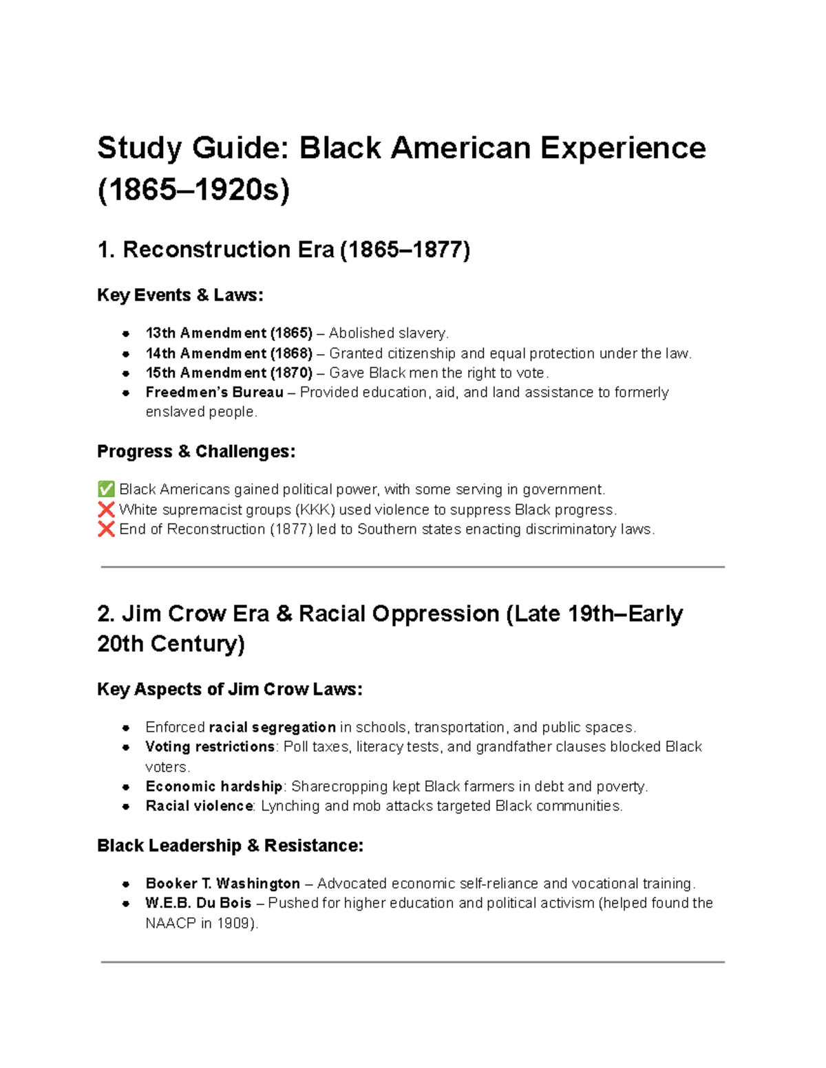 Study Guide: Key Themes in Black American History (1865–1920s) - Study ...