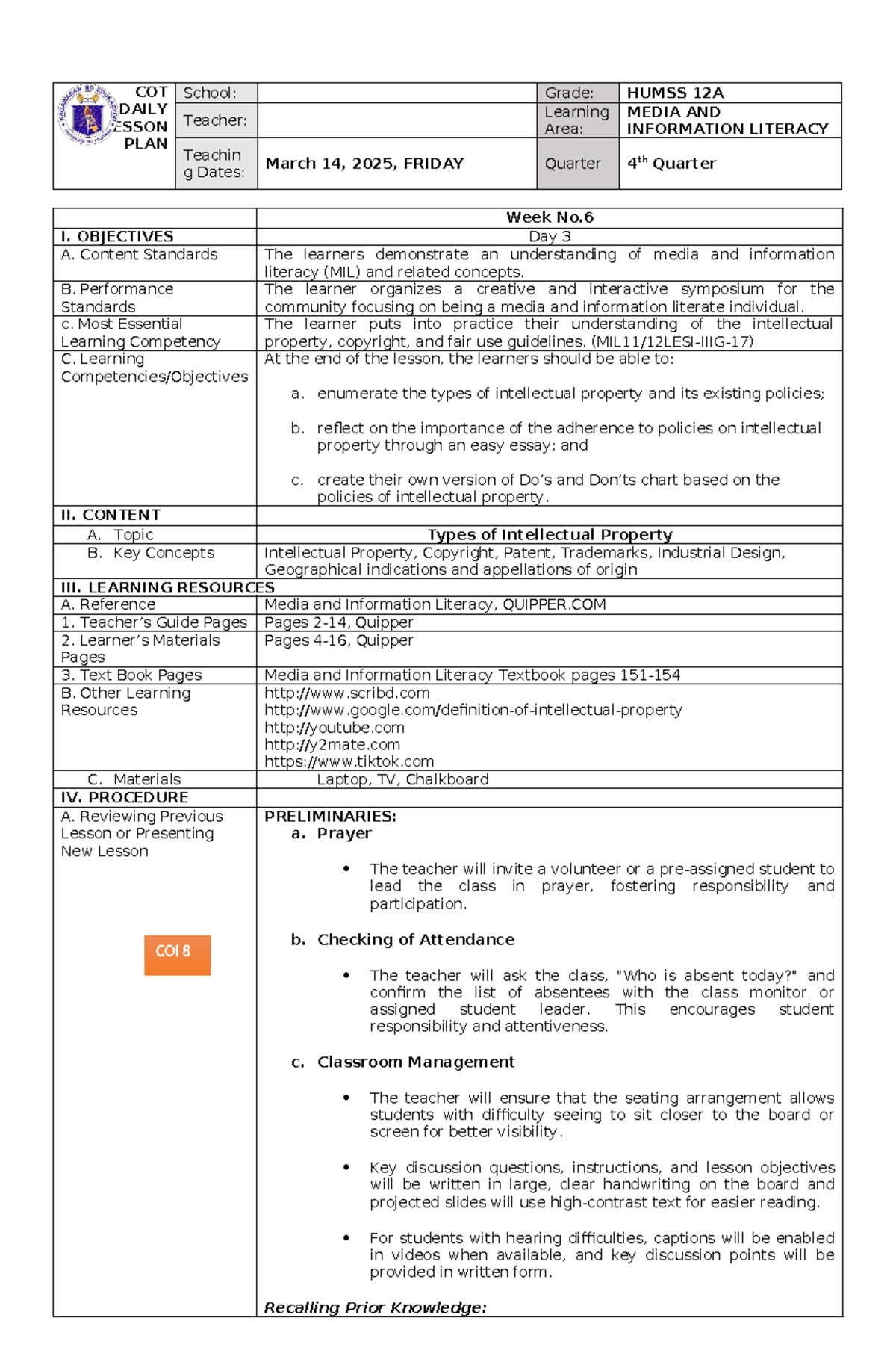 COT HUMSS 12A Daily Lesson Plan: Media & Information Literacy - Studocu